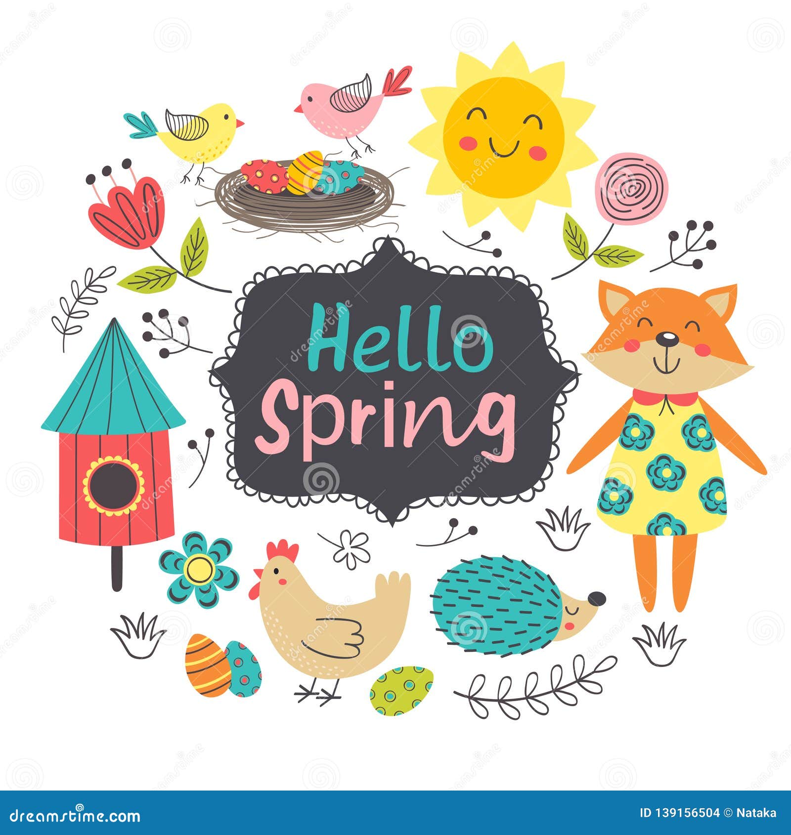 Cute Poster with Spring Elements and Characters Stock Vector ...