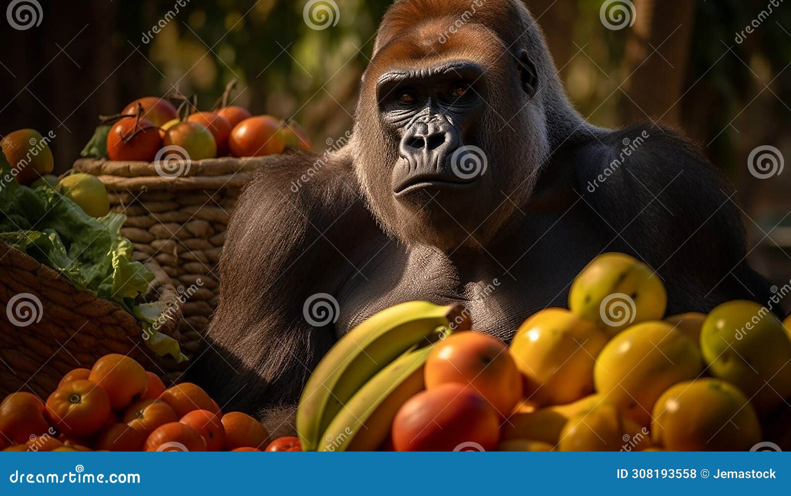 Cute Primate Eating Fresh Fruit, Sitting in Tropical Rainforest ...