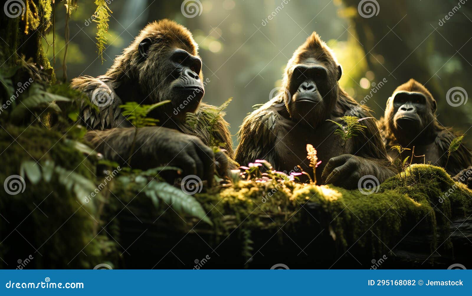 Cute Primate Family Sitting in Green Forest, Eating and Staring ...