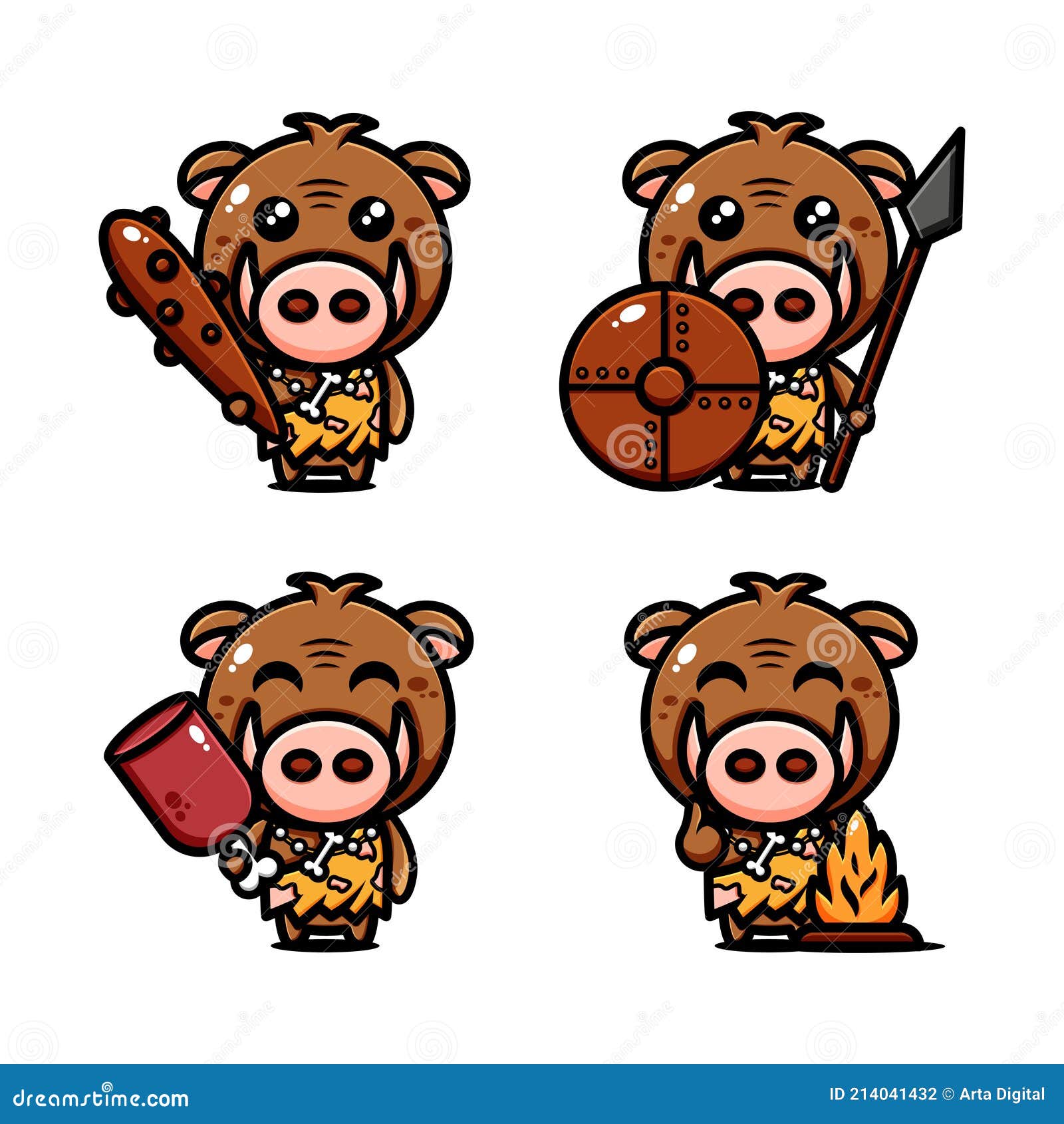 Cute Primitive Caveman Holding Cudgel And Spear Cartoon Icon Clip Art ...