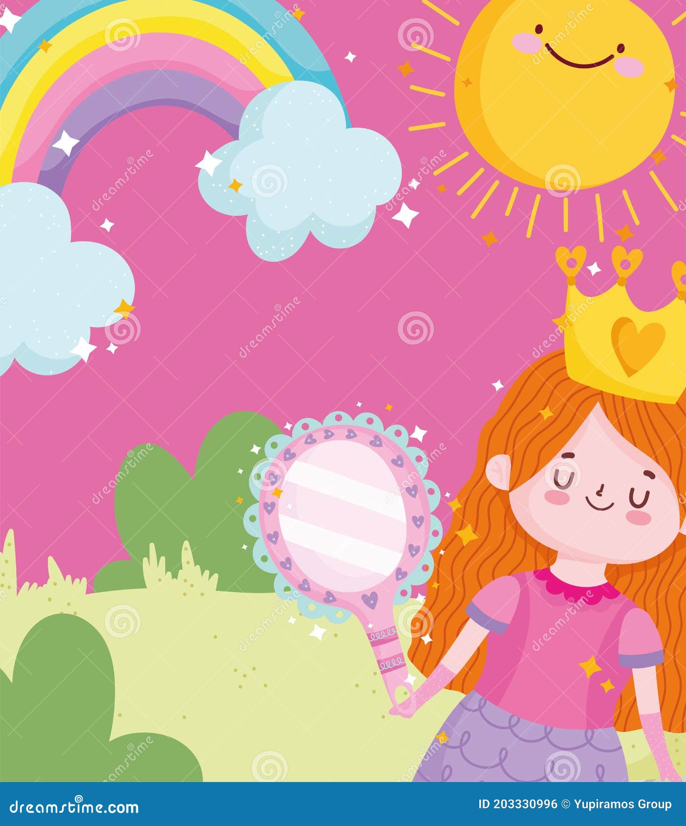 Cute Princess with Mirror Crown Rainbow and Sun Cartoon Stock Vector ...