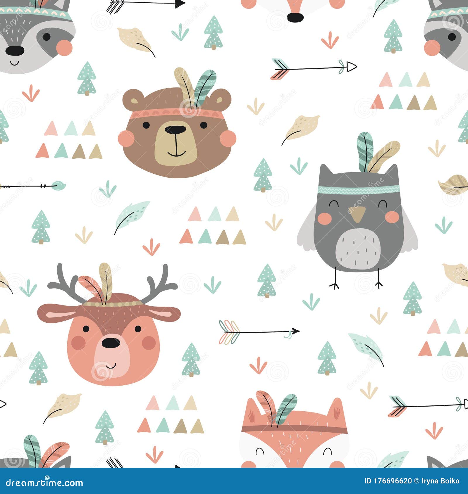 Cute Print Boho Style. Seamless Pattern with Cute Little Animals ...