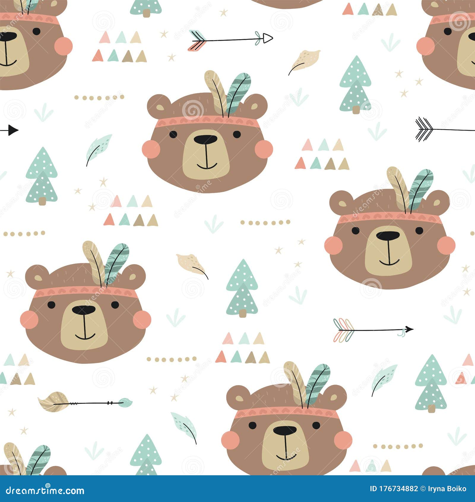 Cute Print Boho Style. Seamless Pattern with Cute Little Bear. Vector ...