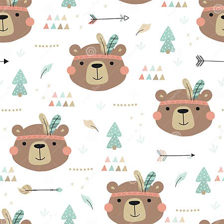 Cute Print Boho Style. Seamless Pattern with Cute Little Bear. Vector ...