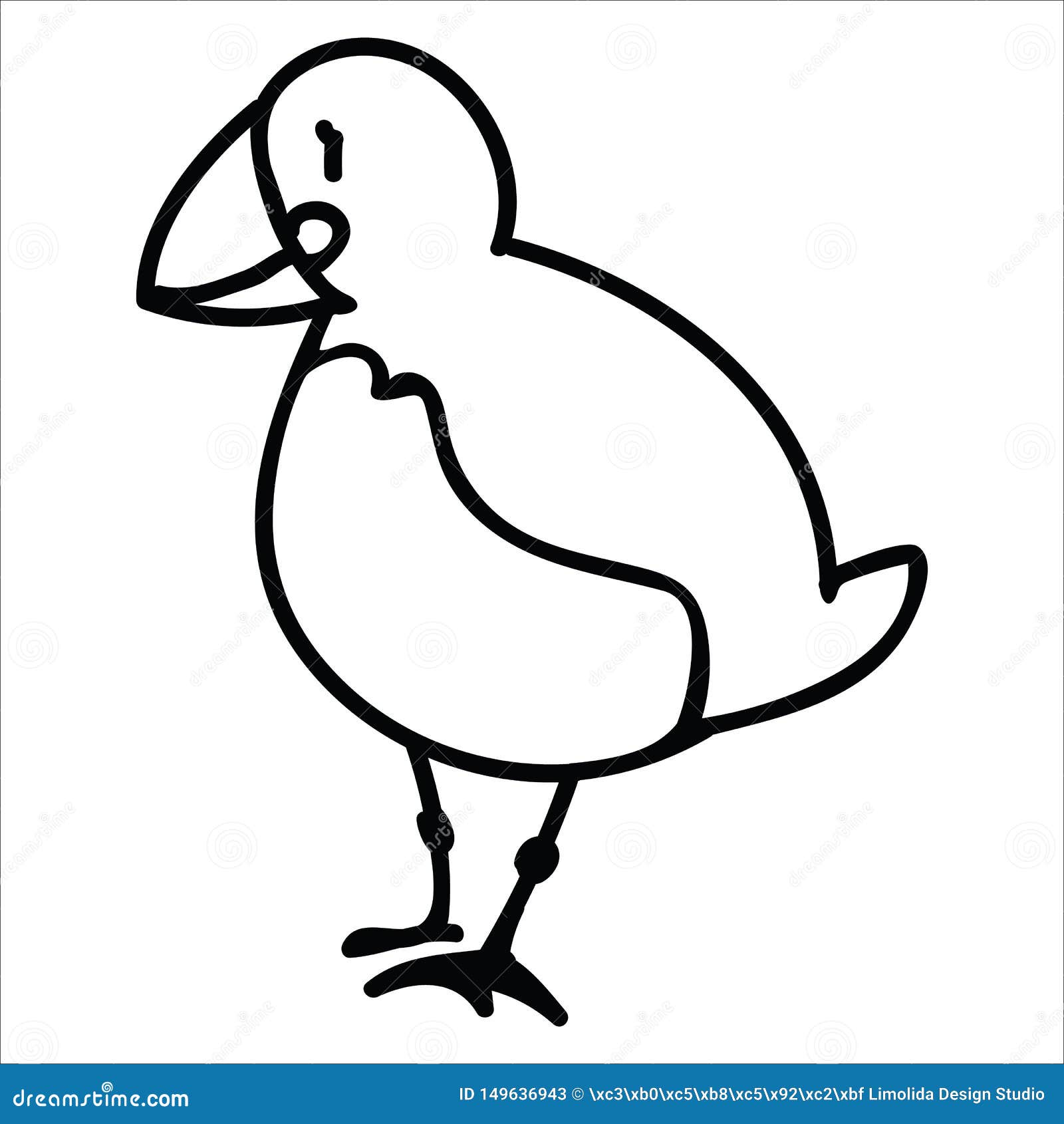 Cute Puffin Standing Monochrome Lineart Cartoon Vector Illustration Motif Set Hand Drawn