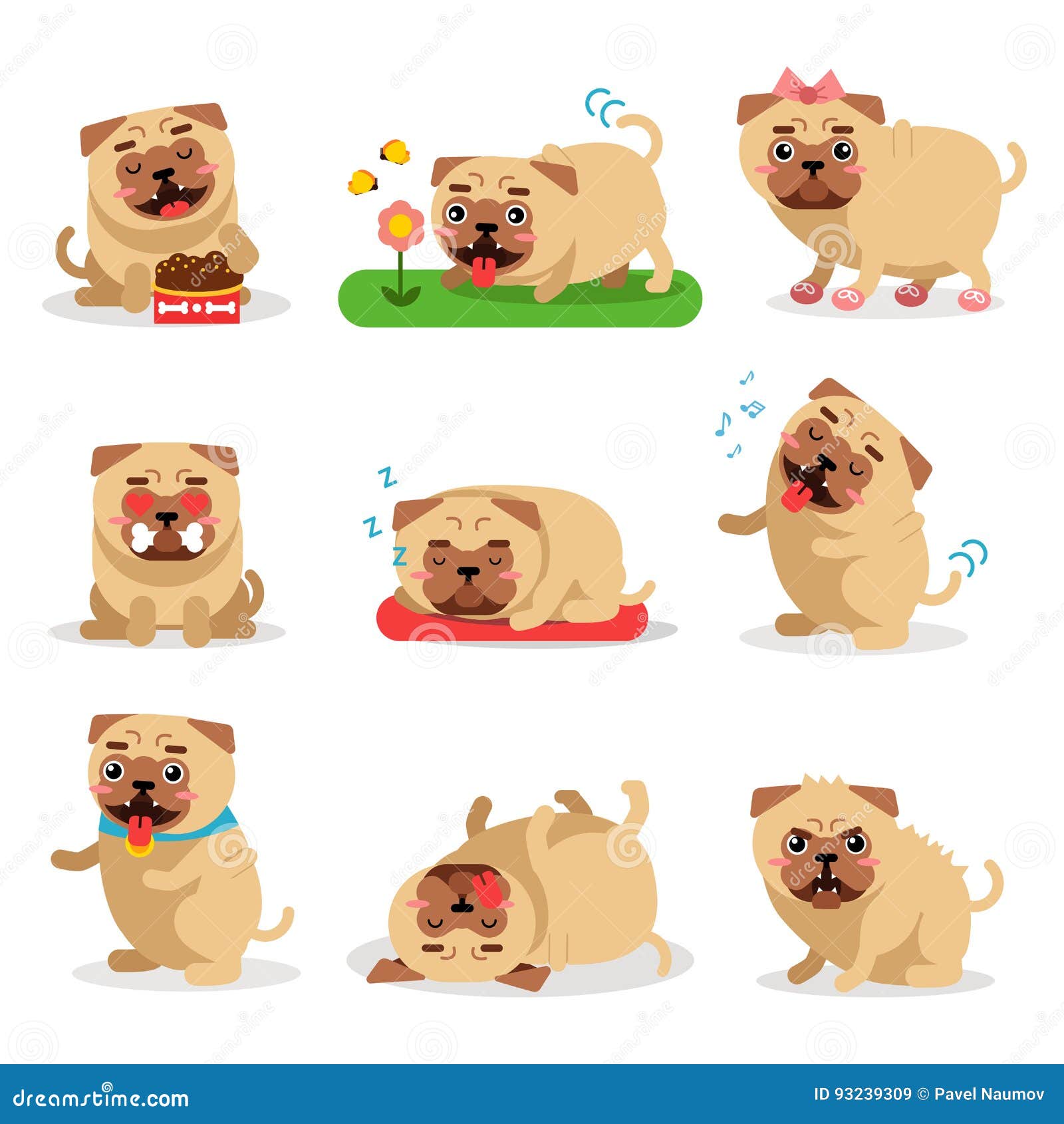 Cute Pug Dog Activities during Day Set. Dog daily Routine Vector ...