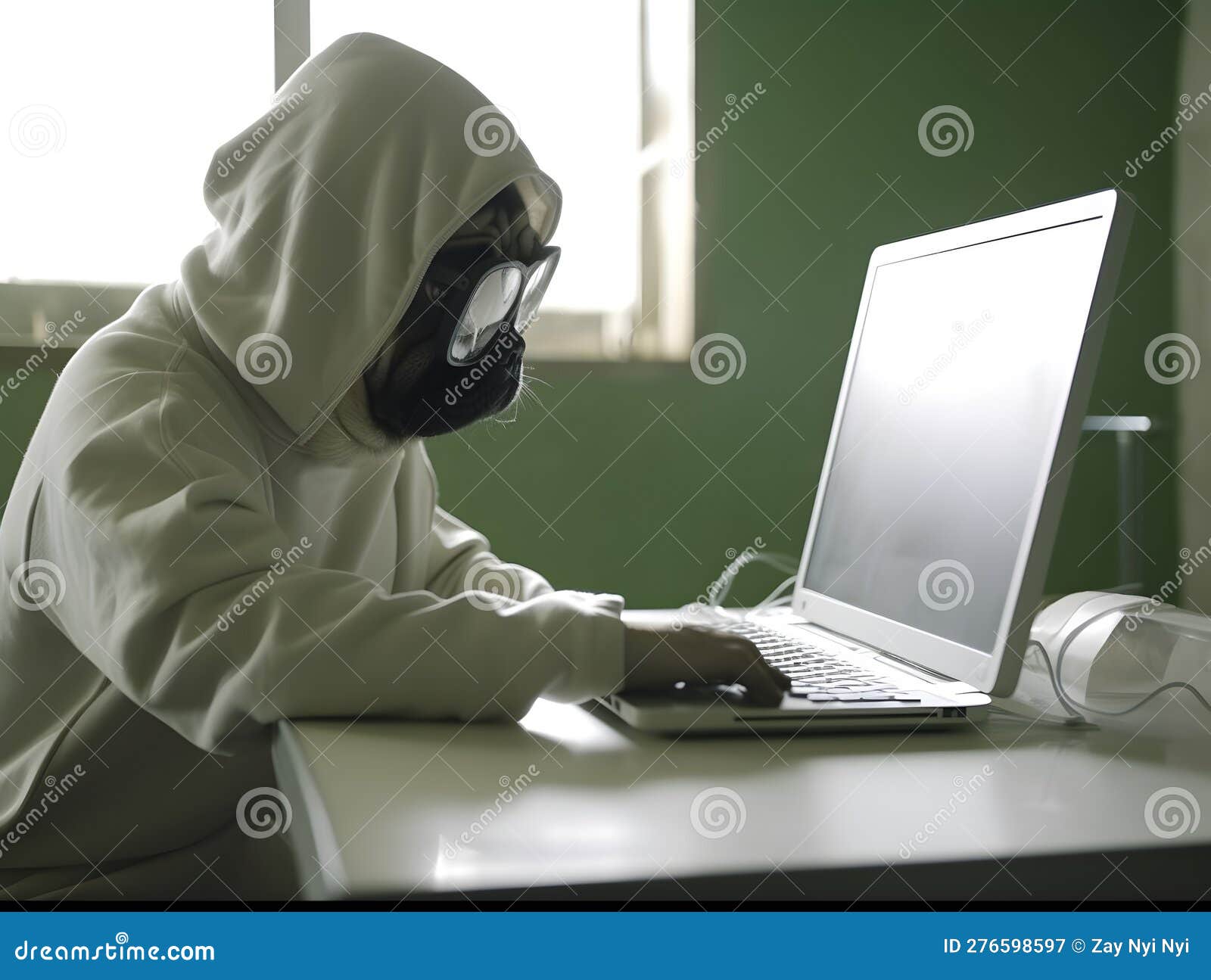 Cute Pug Dog Using Computer. Concept of Hacker, Busy Pet or Work from ...