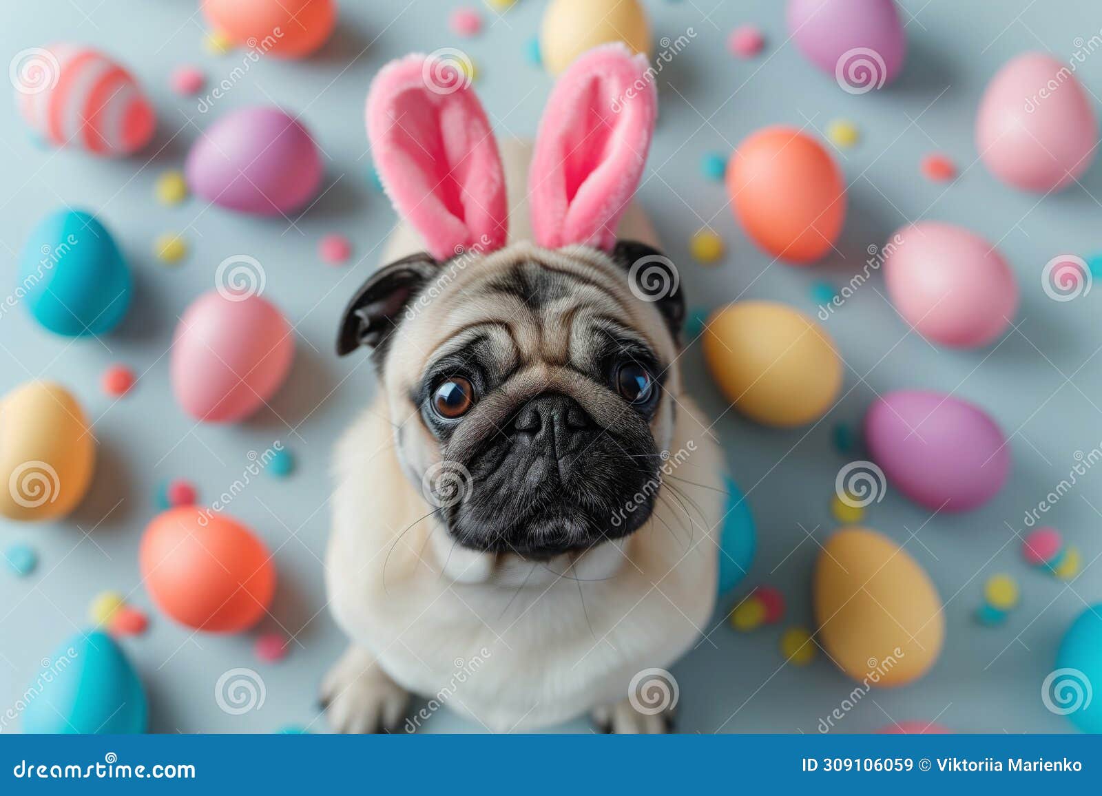 Cute Pug Dog Wearing Bunny Ears and Easter Eggs Stock Illustration ...