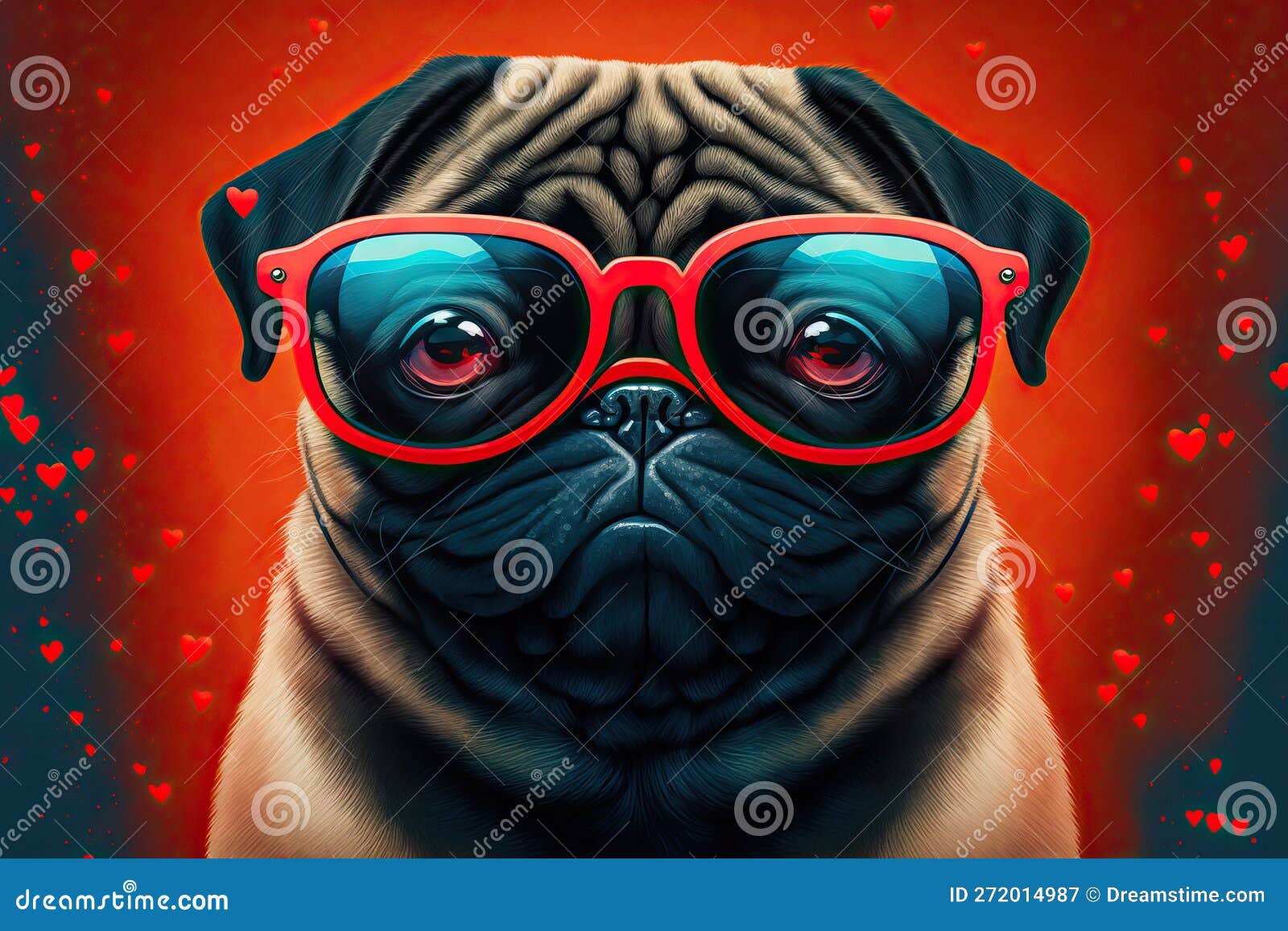 Cute Pug Surrounded by Love and Sporting Heart Shaped Sunglasses Stock ...