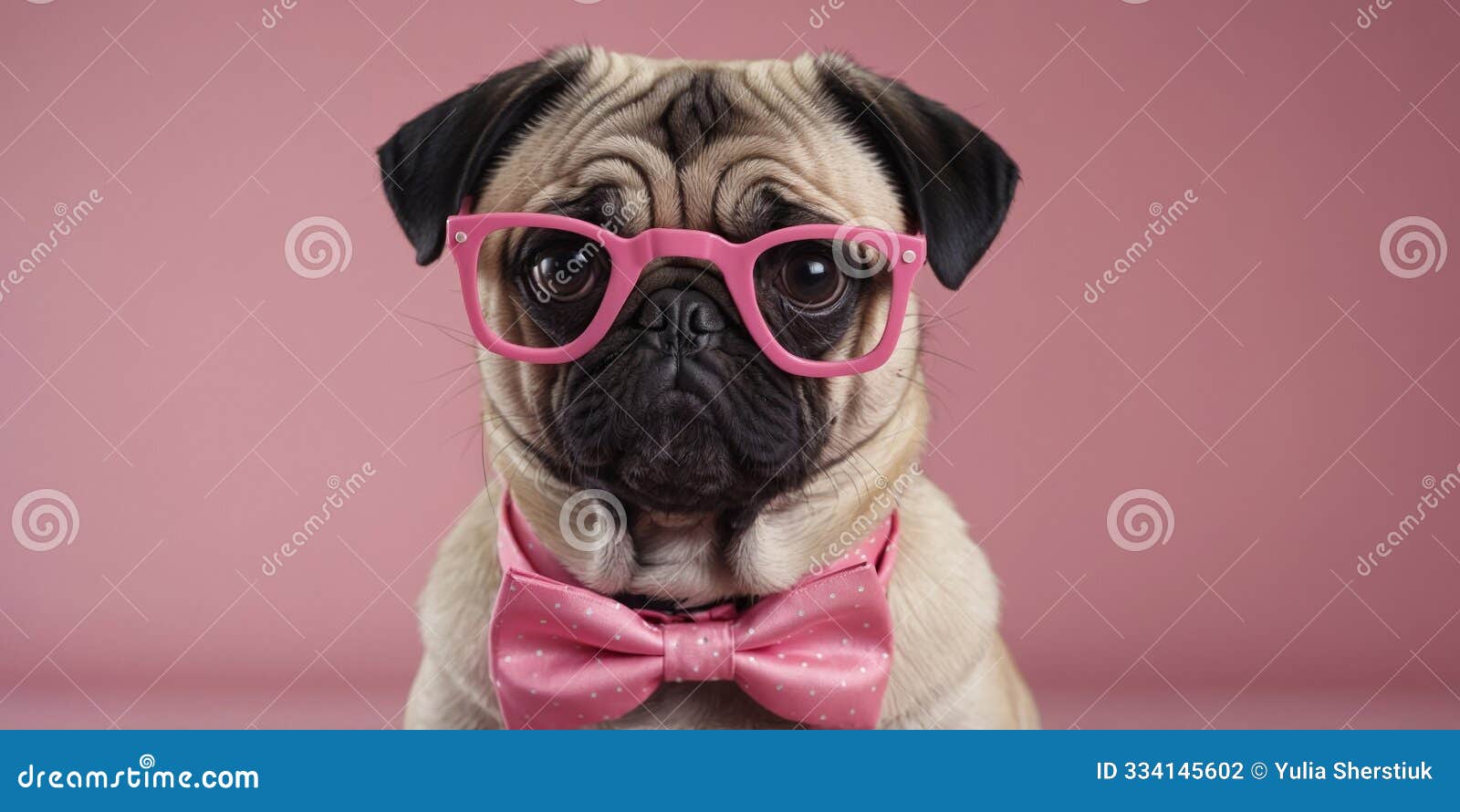 Cute Pug Wearing Pink Glasses and Bow Tie on Pink Background. Stock ...
