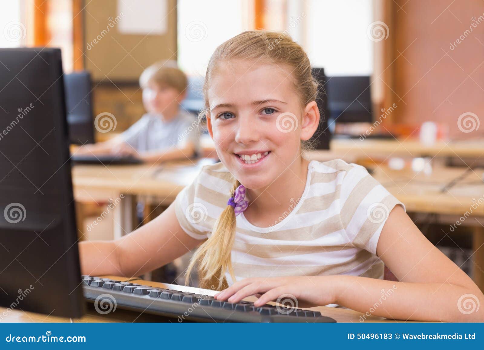 Cute Pupil in Computer Class Stock Image - Image of caucasian, indoors ...