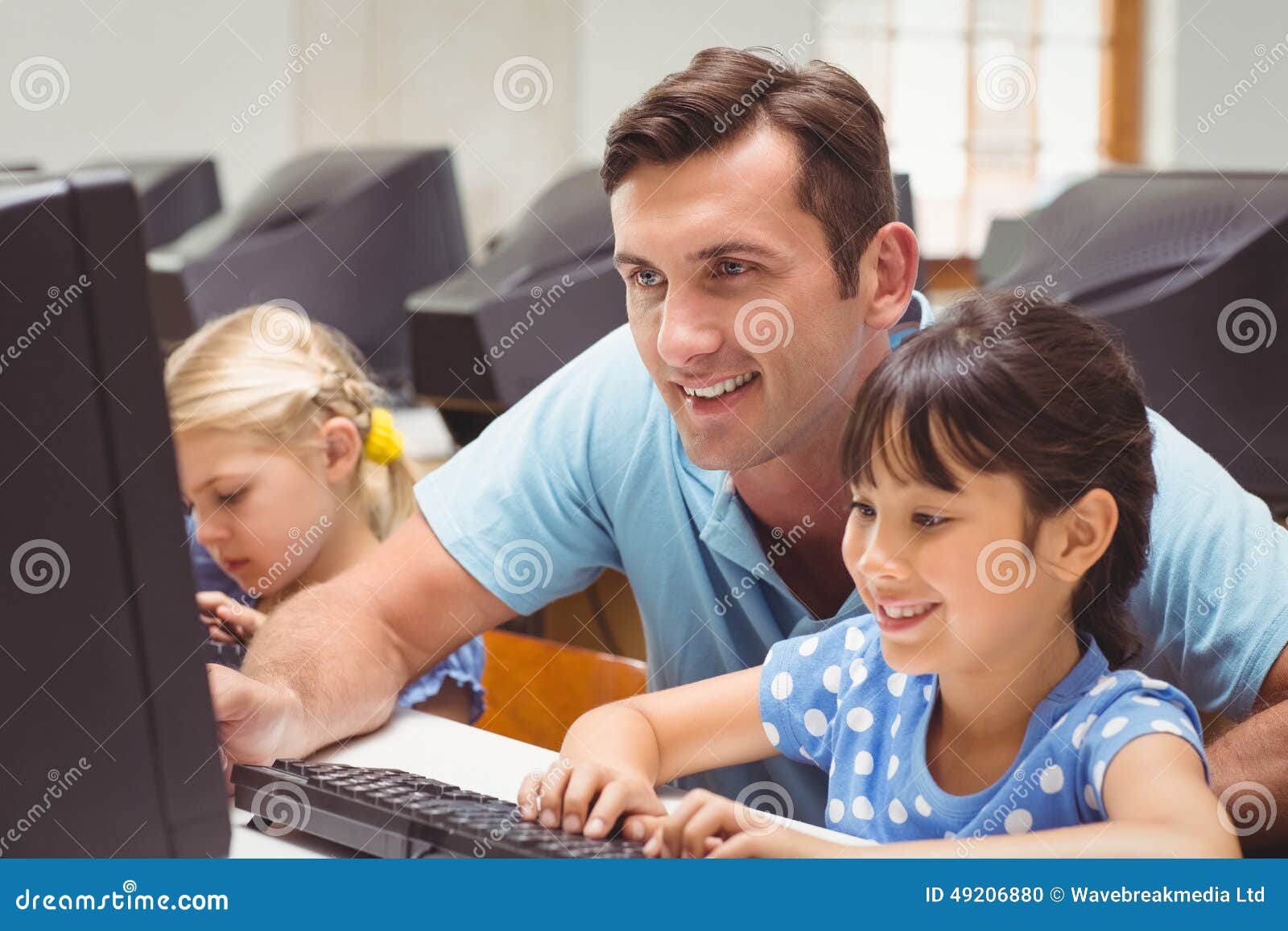 Cute Pupil in Computer Class with Teacher Stock Photo - Image of desk ...