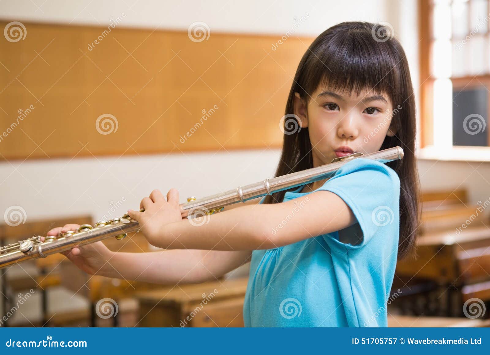 Cute Pupil Playing Flute in Classroom Stock Image - Image of instrument ...