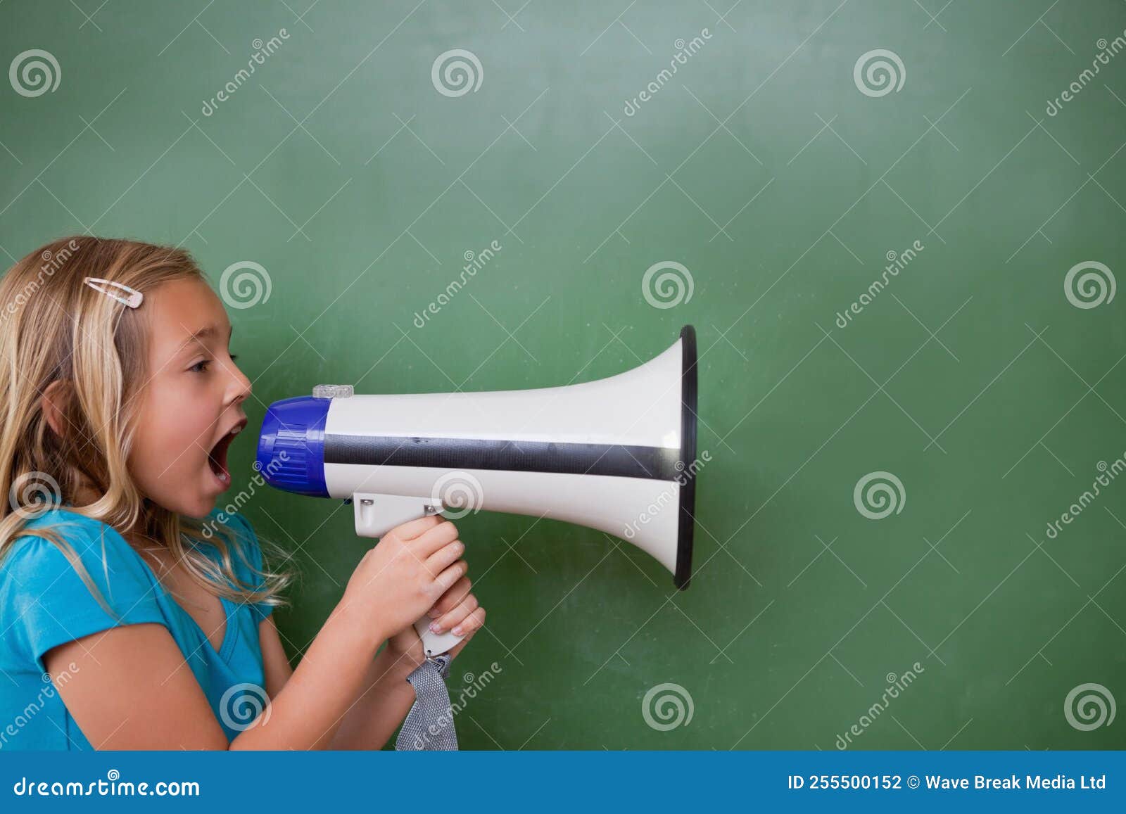 Cute Pupil Shouting through Megaphone Stock Photo - Image of chalkboard ...