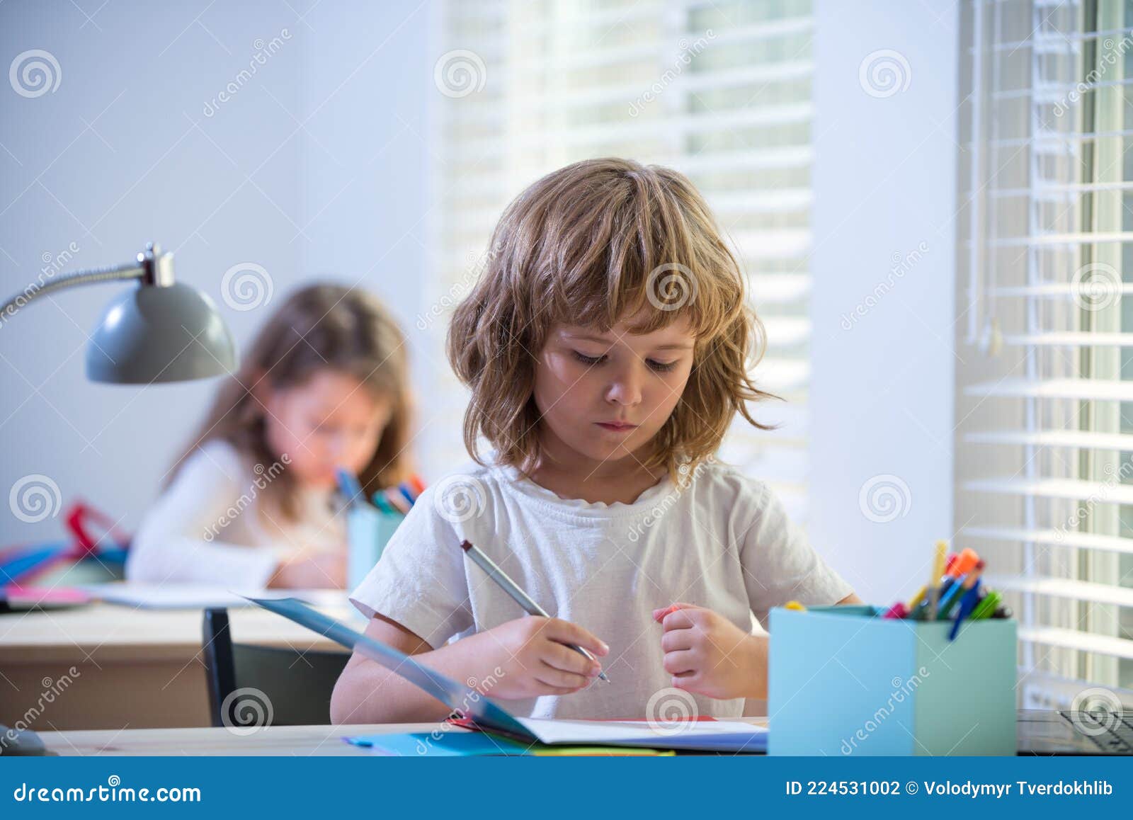Cute Pupil Writing at Desk in Classroom at the Elementary School ...