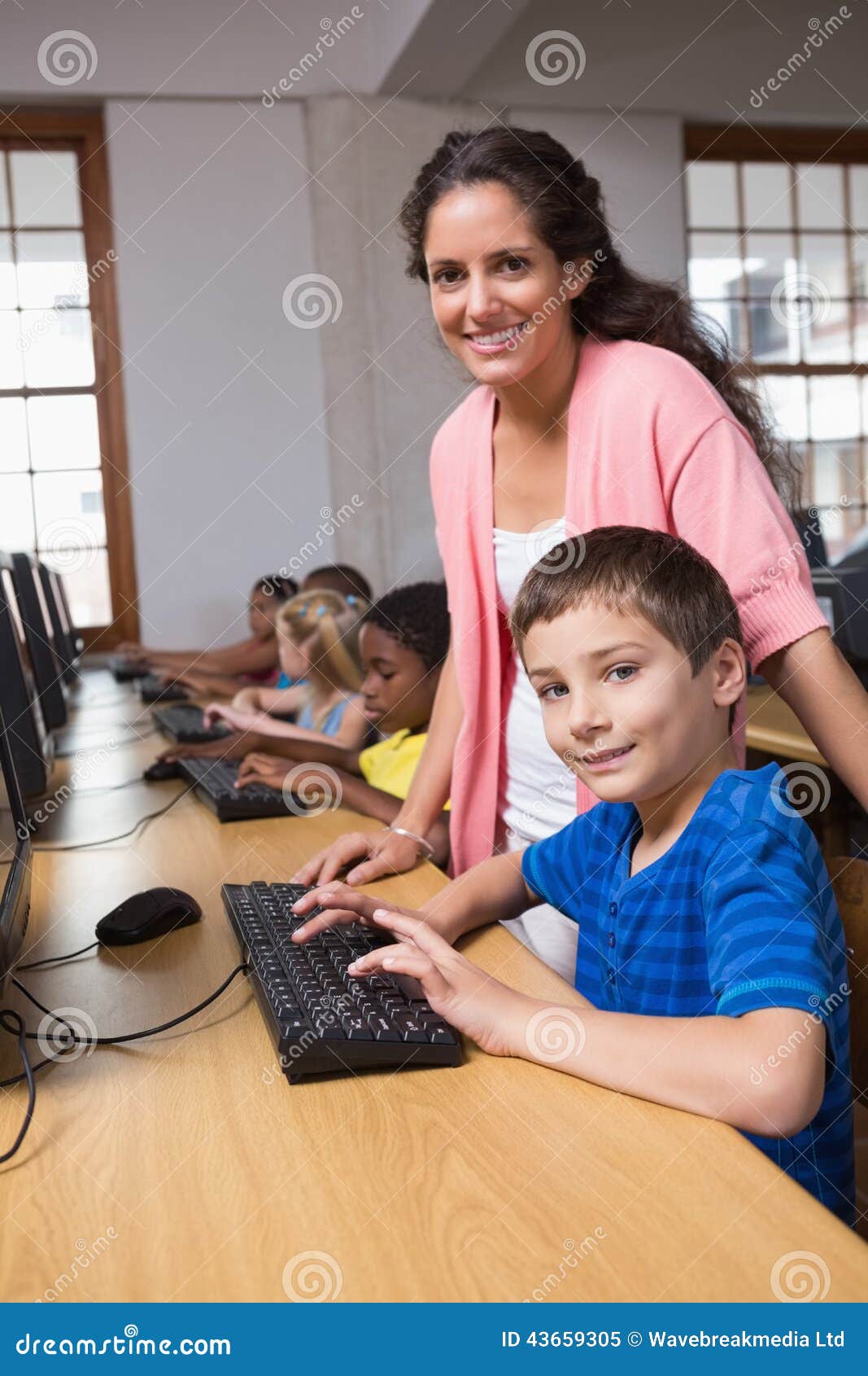 Cute Pupils in Computer Class with Teacher Stock Image - Image of ...