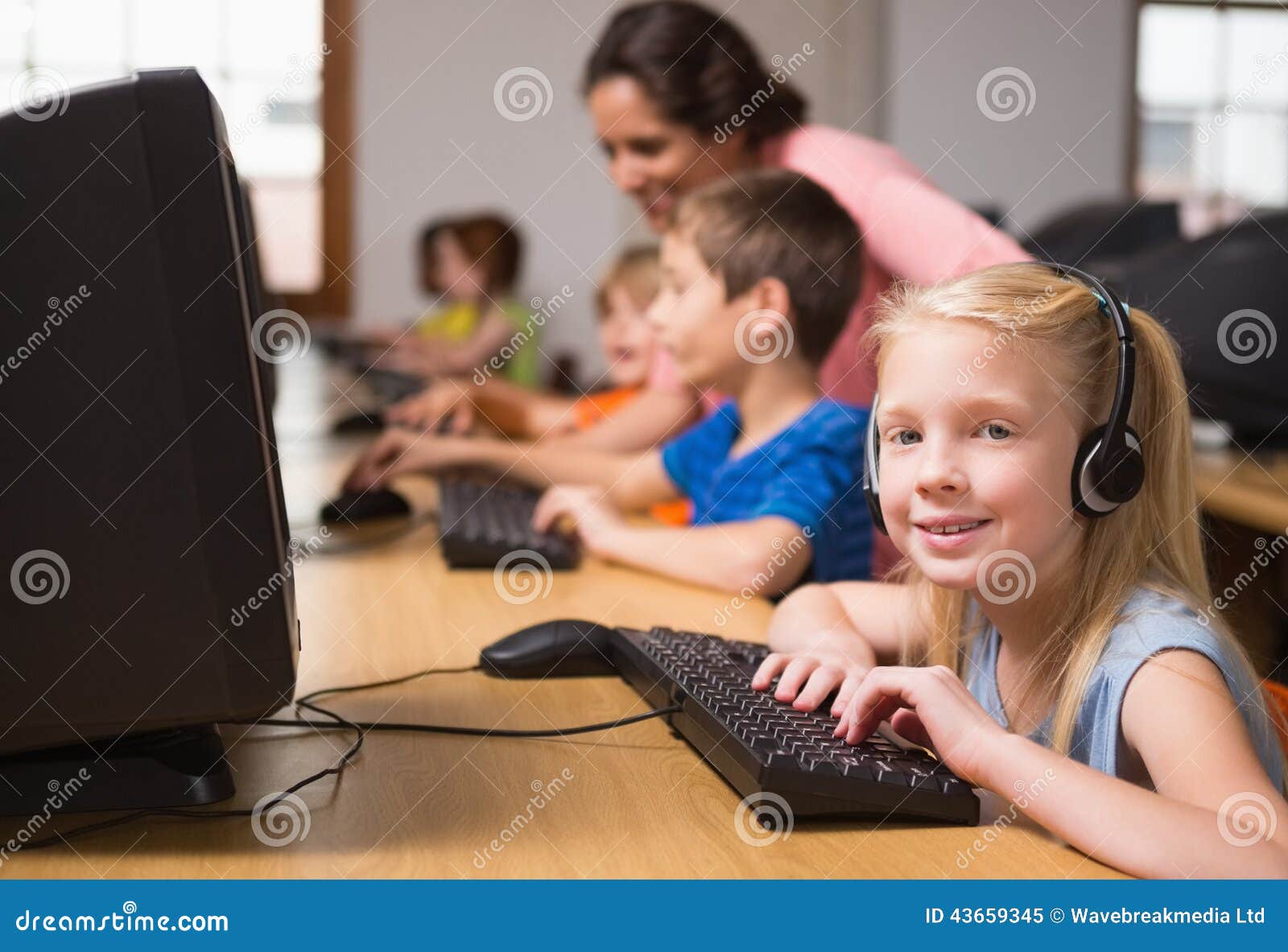Cute Pupils in Computer Class with Teacher Stock Image - Image of ...