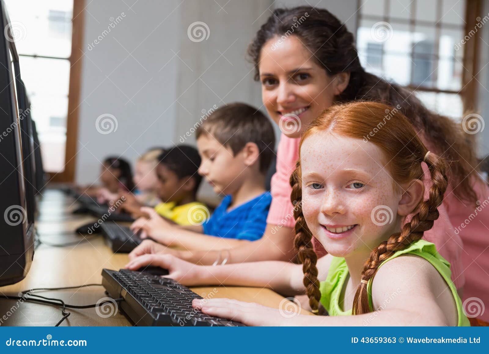 Cute Pupils in Computer Class with Teacher Stock Image - Image of woman ...