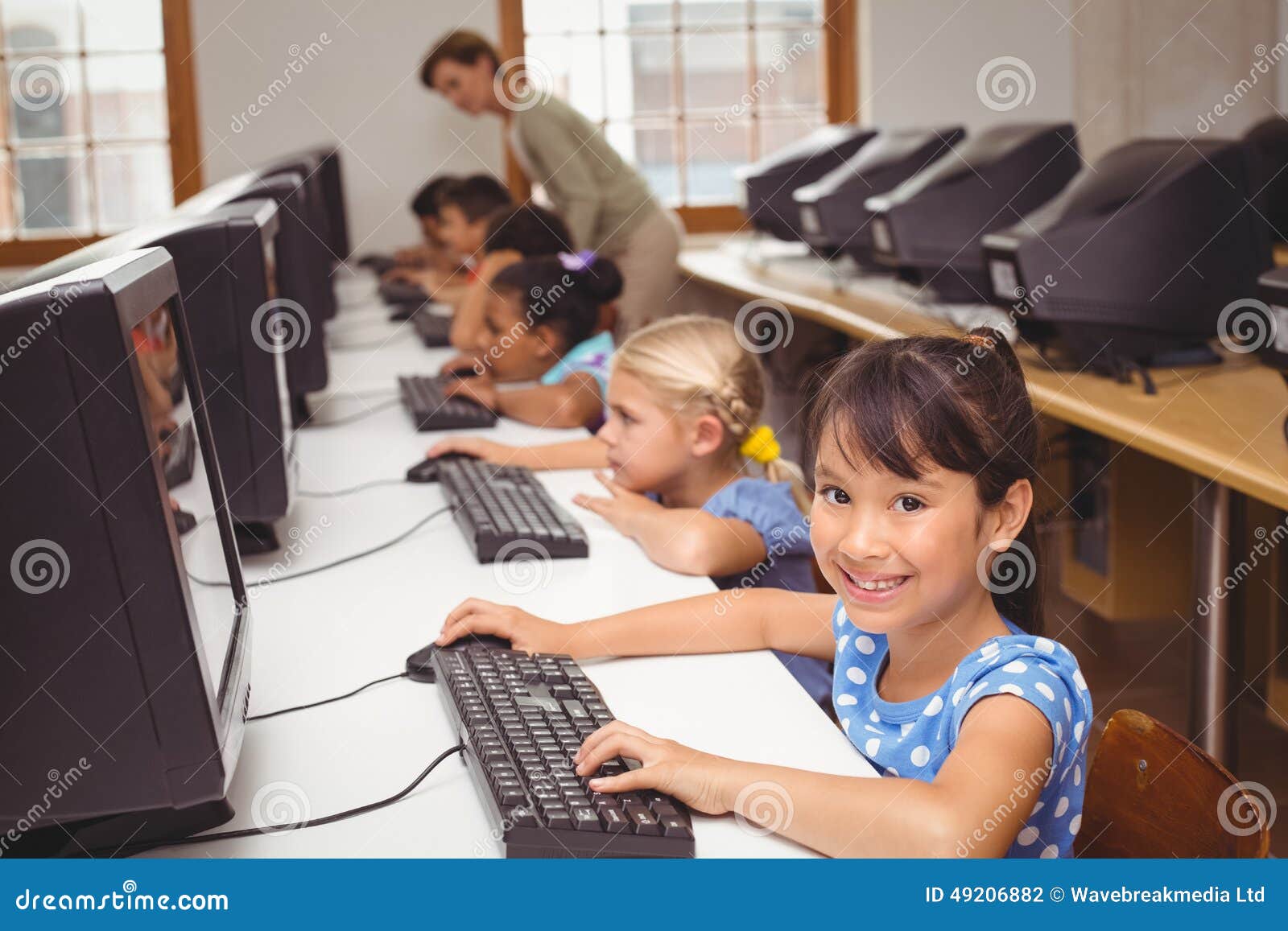 Cute Pupils in Computer Class with Teacher Stock Photo - Image of child ...