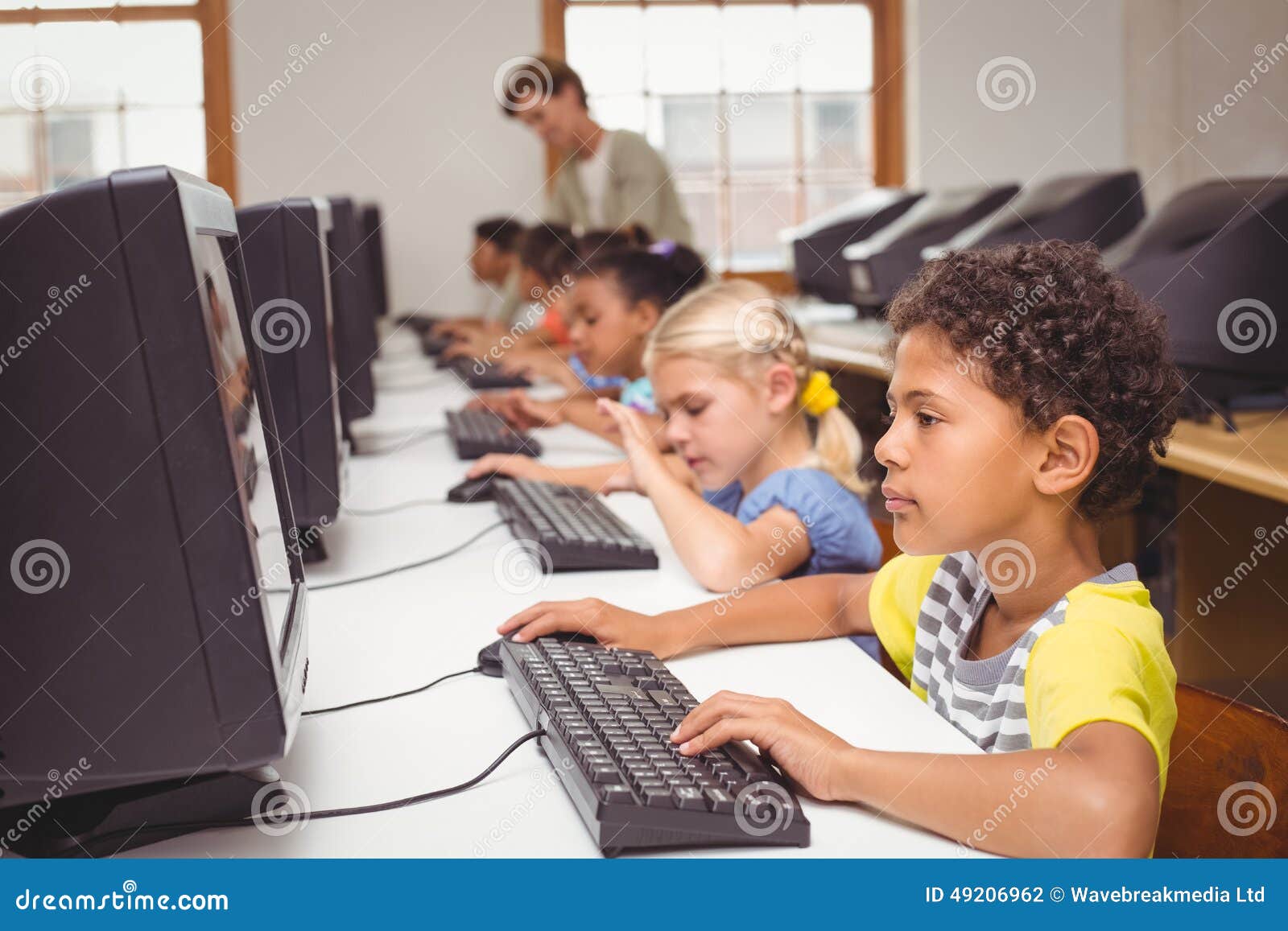Cute Pupils in Computer Class with Teacher Stock Photo - Image of ...