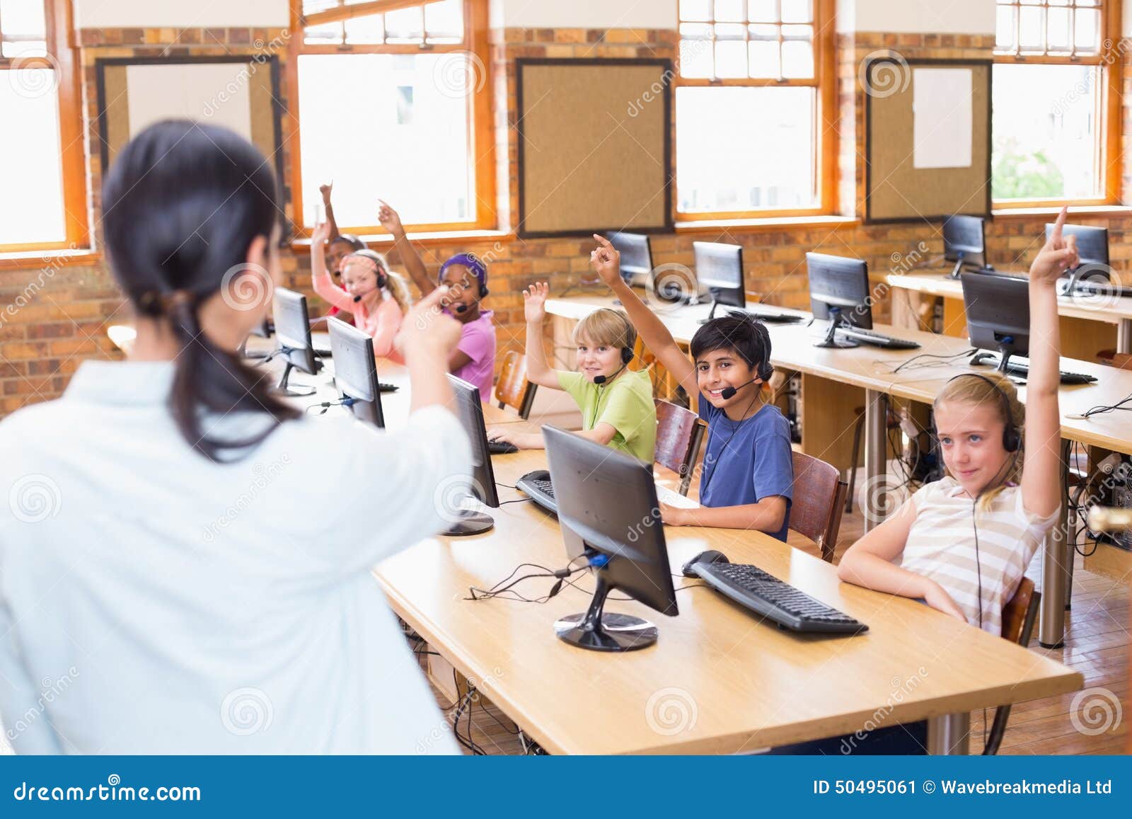 Cute Pupils in Computer Class with Teacher Stock Image - Image of ...