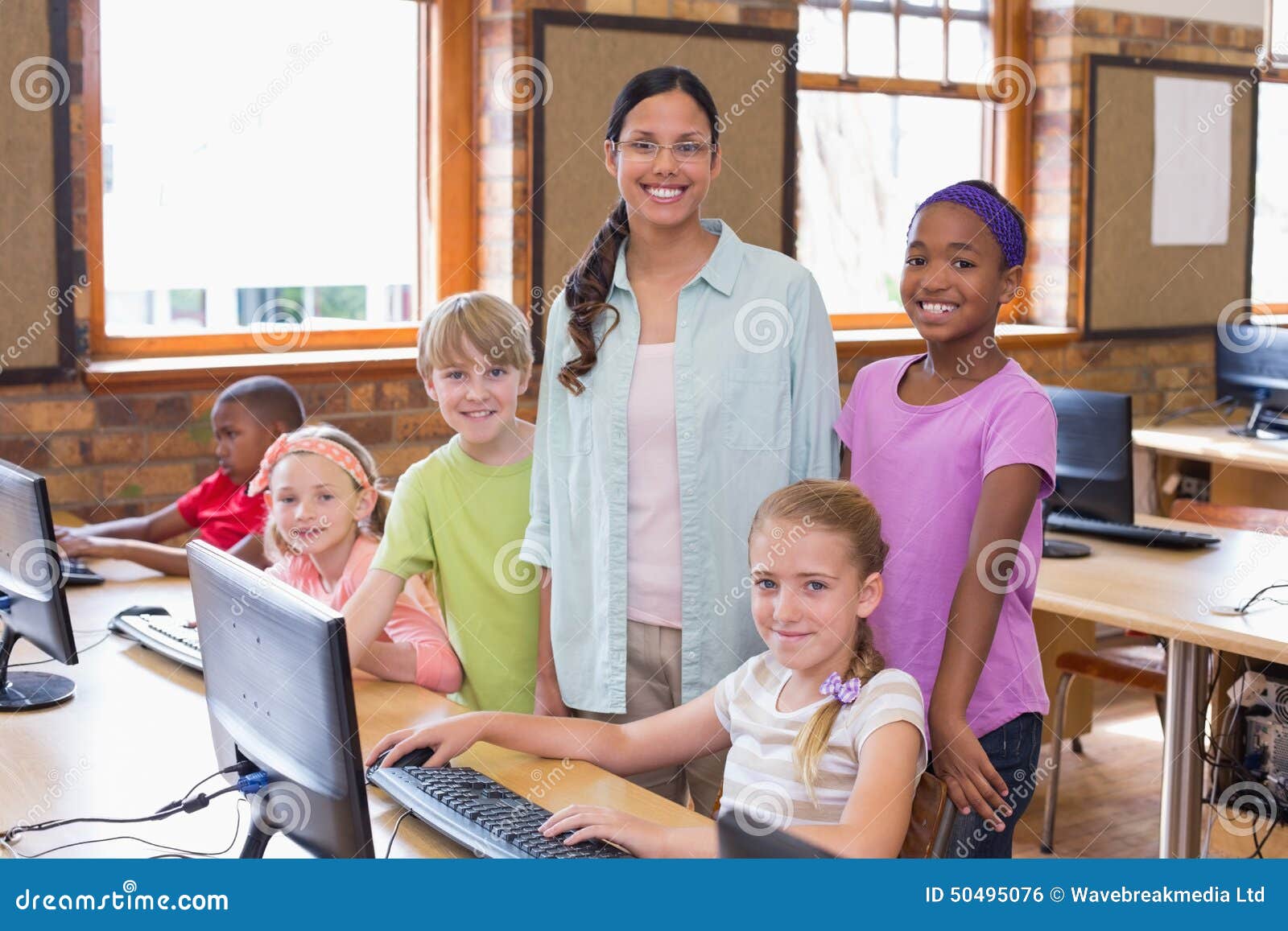 Cute Pupils in Computer Class with Teacher Stock Photo - Image of ...