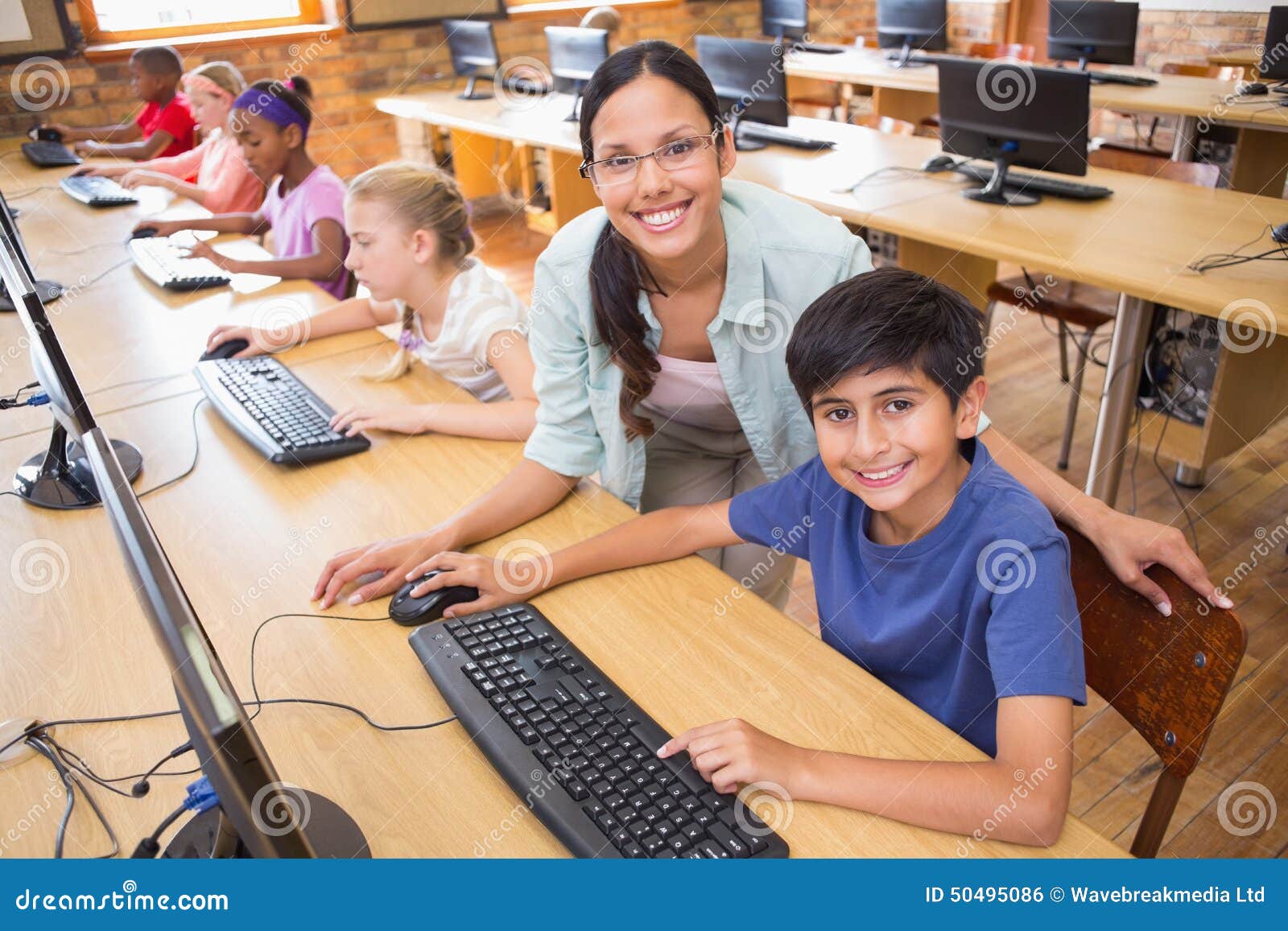 Cute Pupils in Computer Class with Teacher Stock Photo - Image of male ...