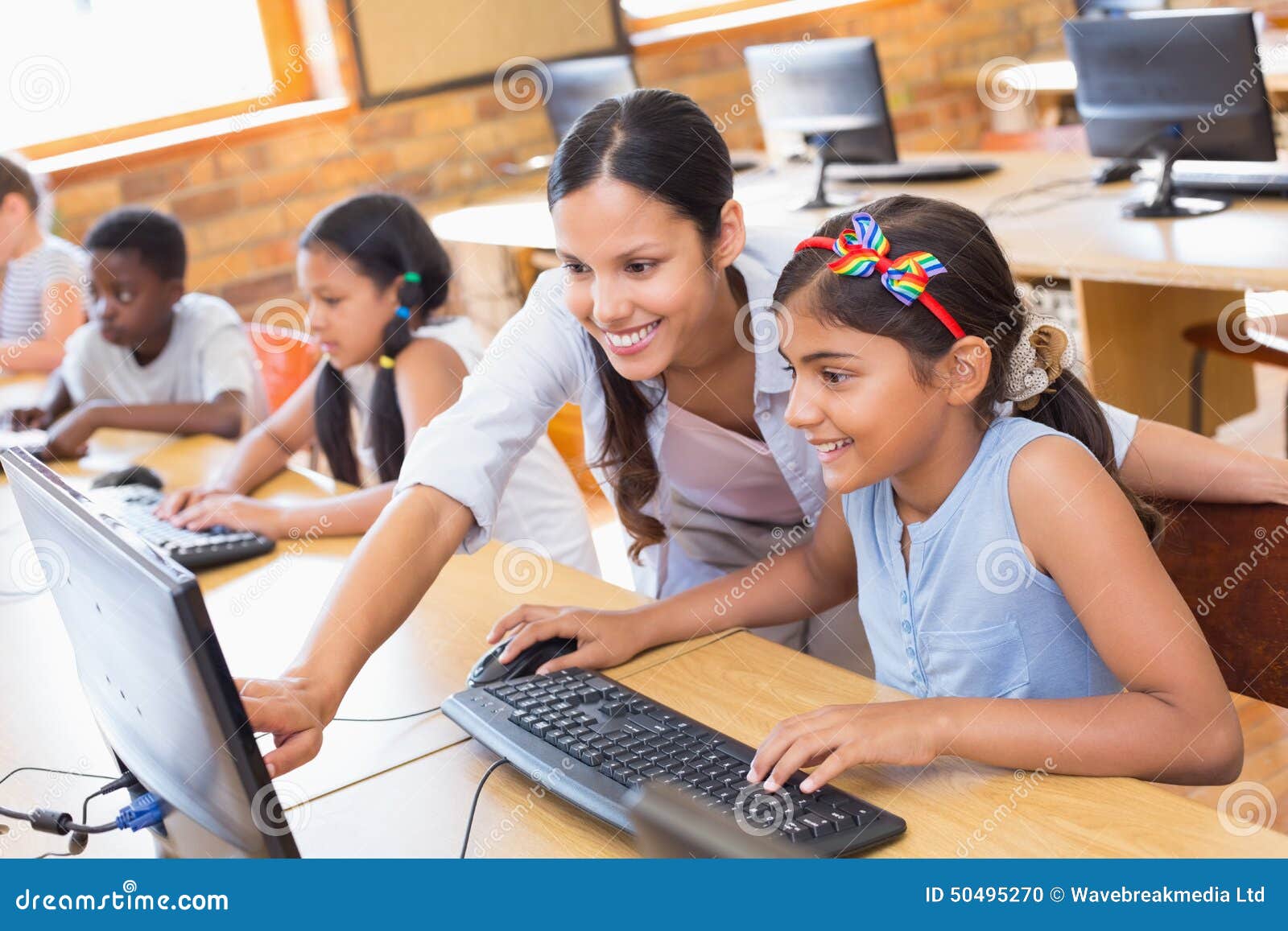 Cute Pupils in Computer Class with Teacher Stock Photo - Image of ...