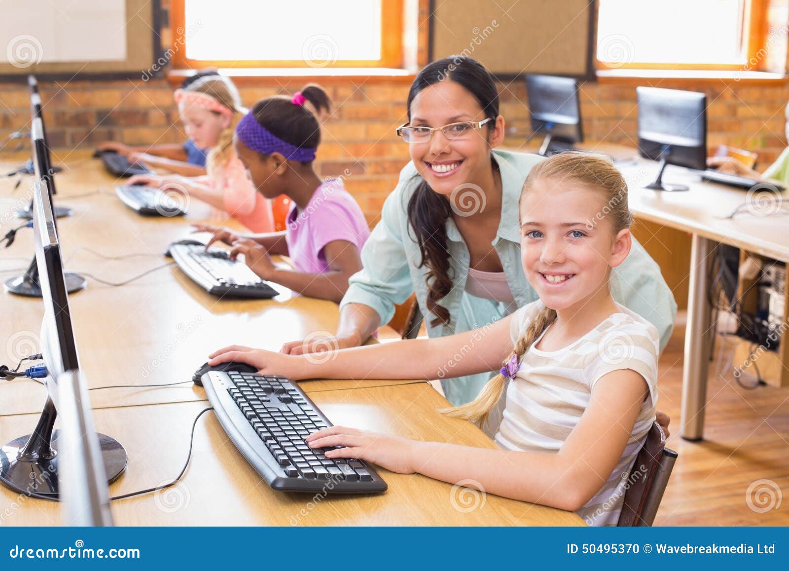 Cute Pupils in Computer Class with Teacher Stock Photo - Image of ...