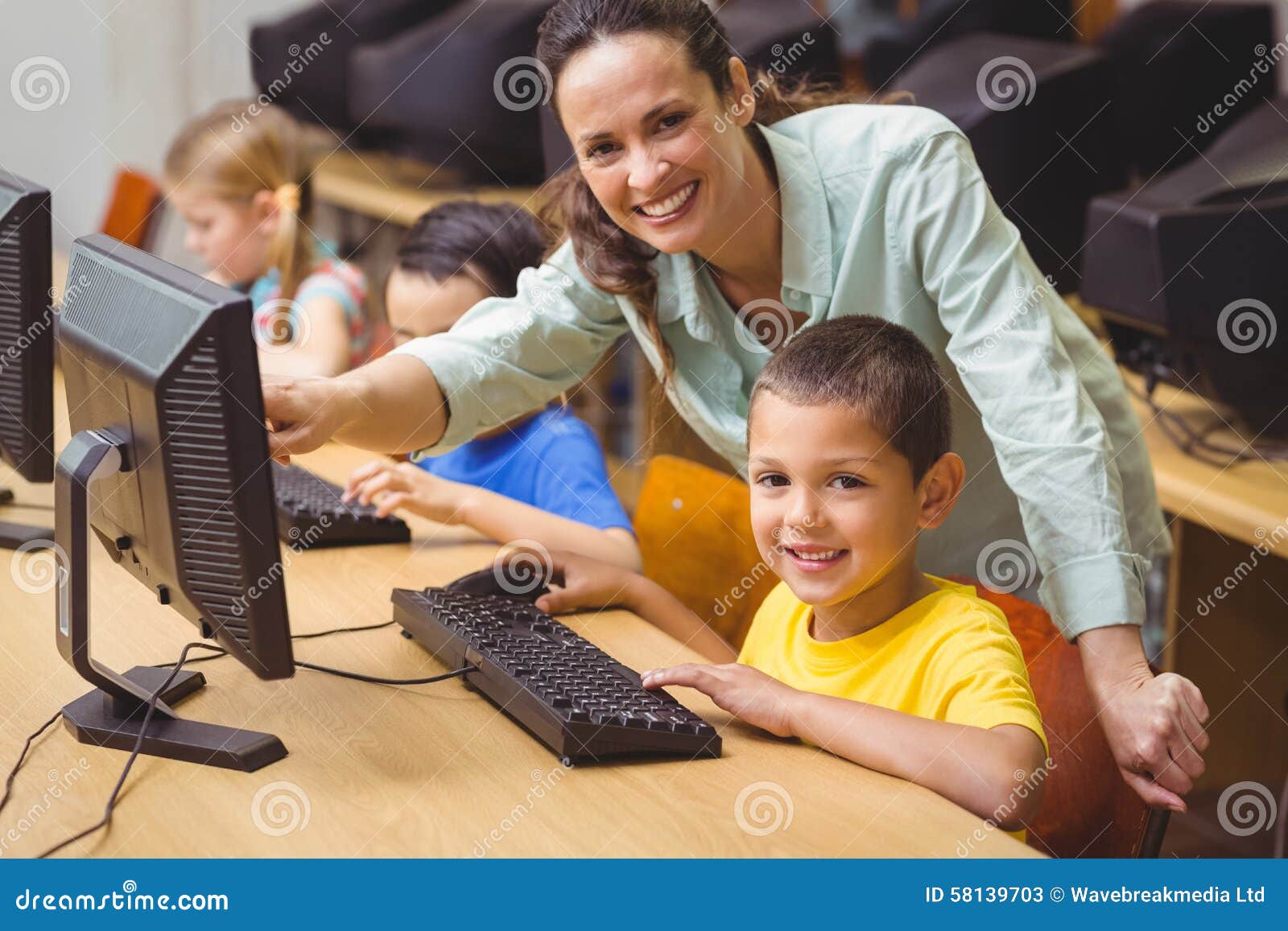 Cute Pupils in Computer Class with Teacher Stock Image - Image of mouse ...