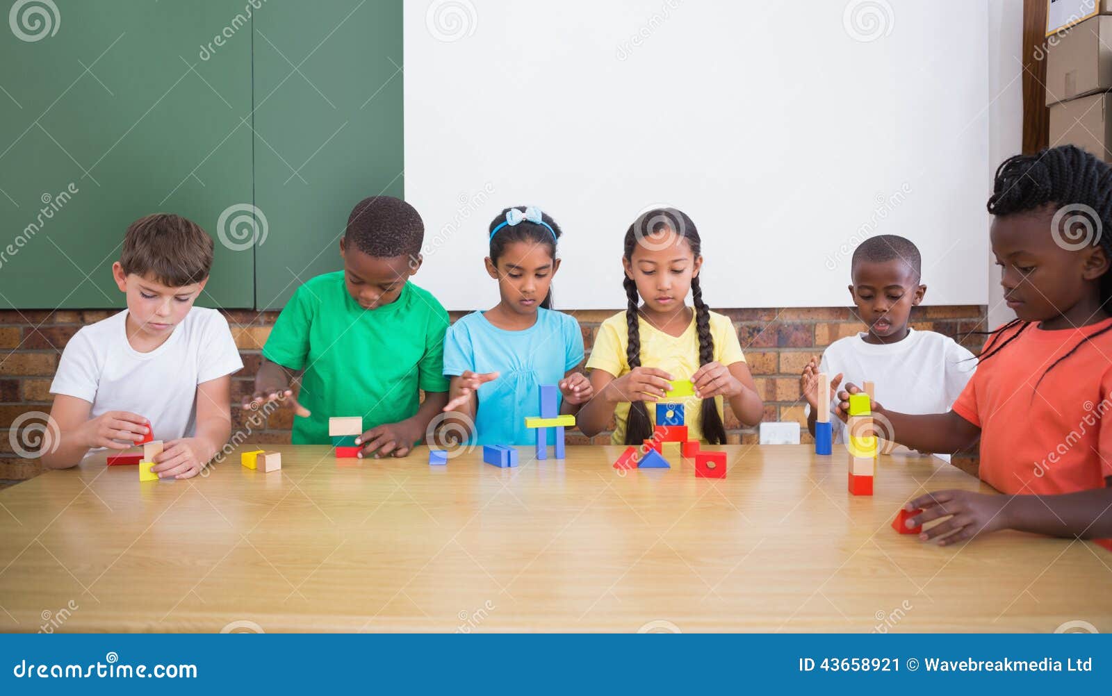 Cute Pupils Playing with Building Blocks Stock Image - Image of school ...
