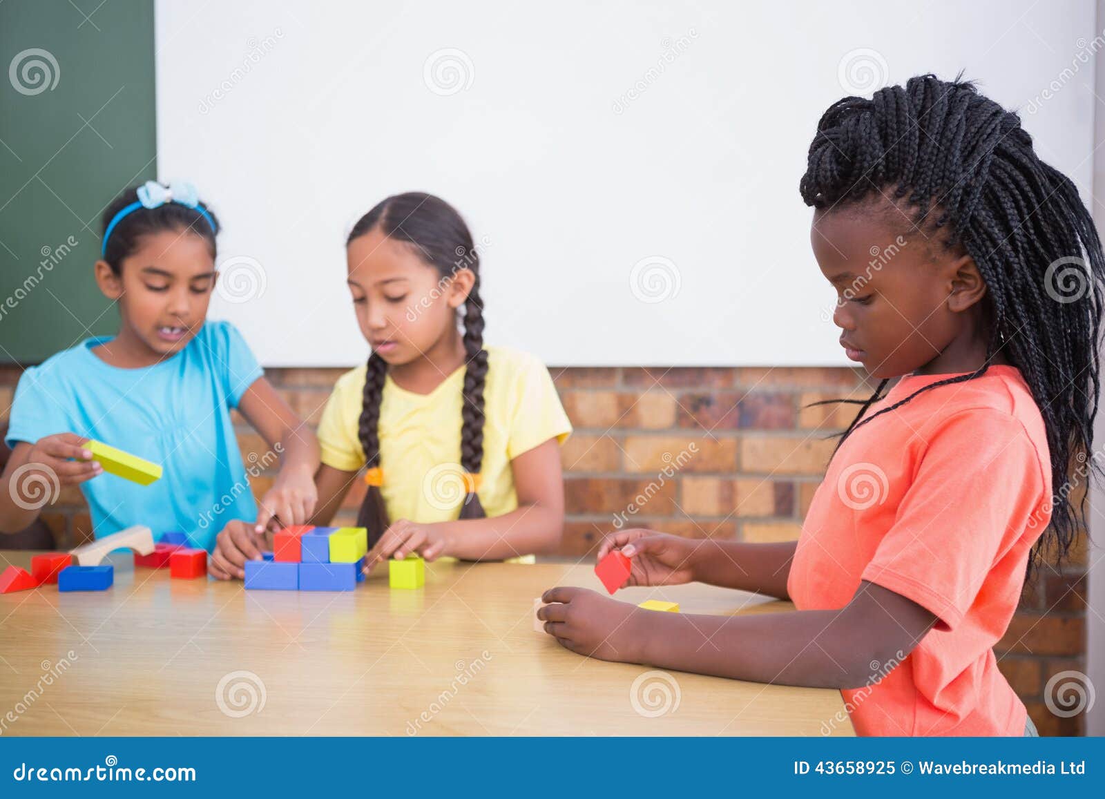 Cute Pupils Playing with Building Blocks Stock Image - Image of female ...