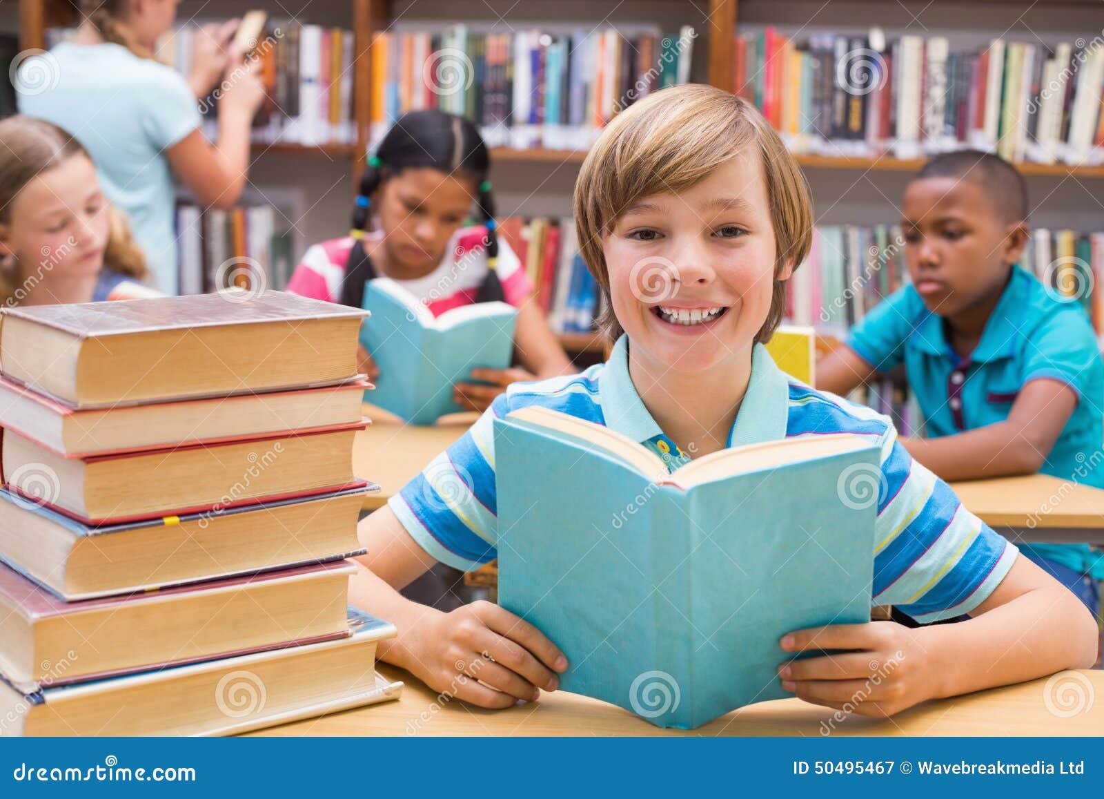 Cute Pupils Reading in Library Stock Image - Image of cheerful ...