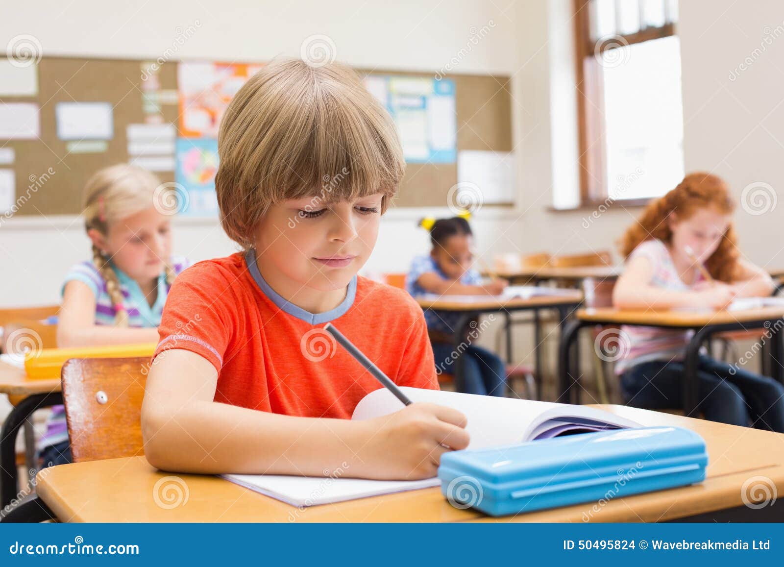 Cute Pupils Writing at Desk in Classroom Stock Photo - Image of learn ...