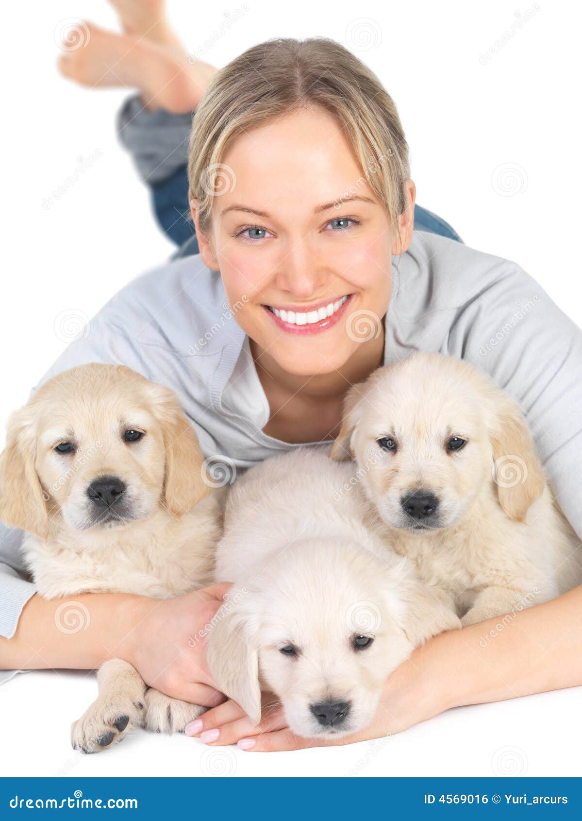 Cute Puppies and Young Cute Female Model Stock Photo - Image of lying ...