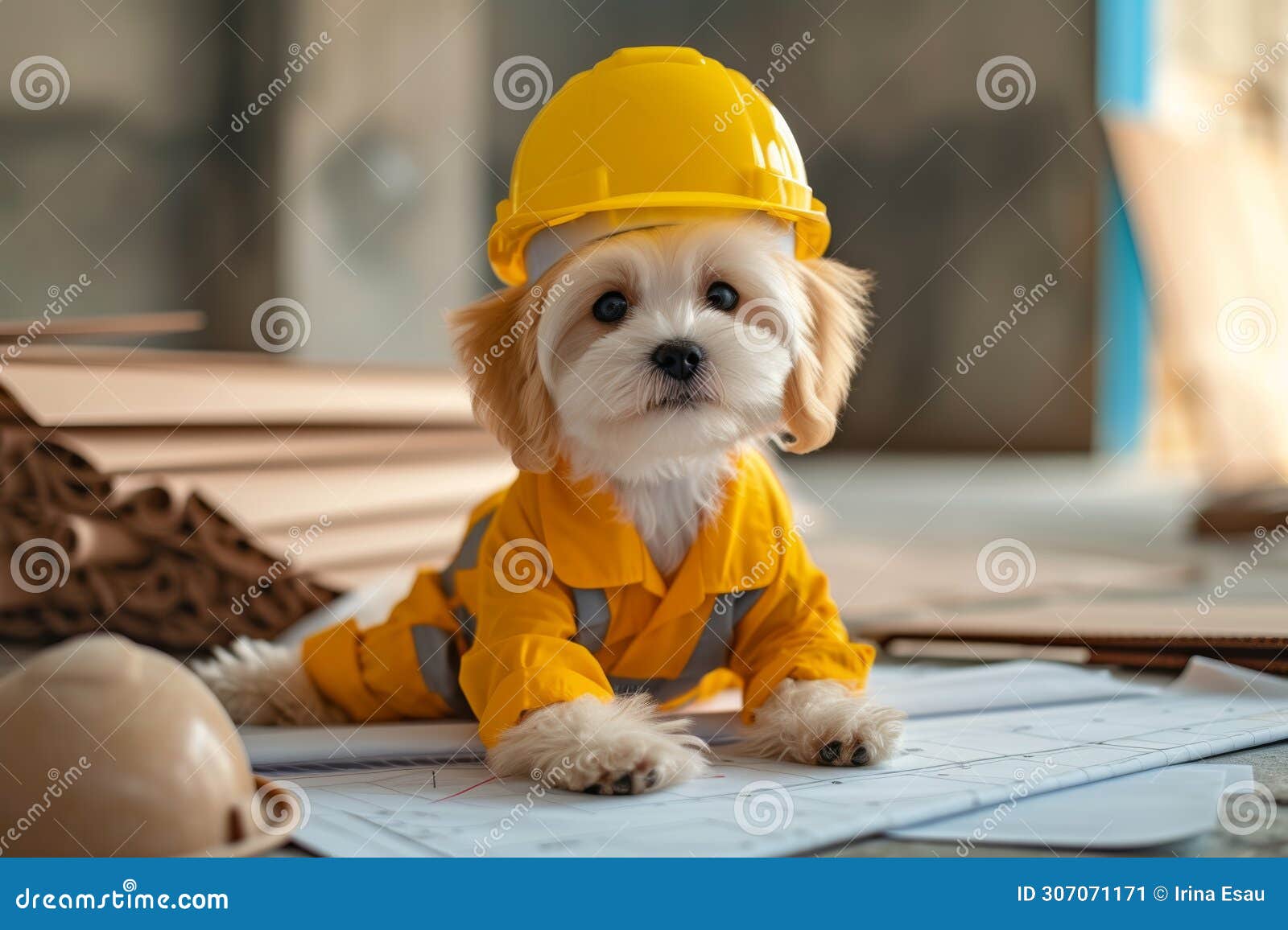 Cute Puppy Architect with Blueprints Stock Image - Image of ...