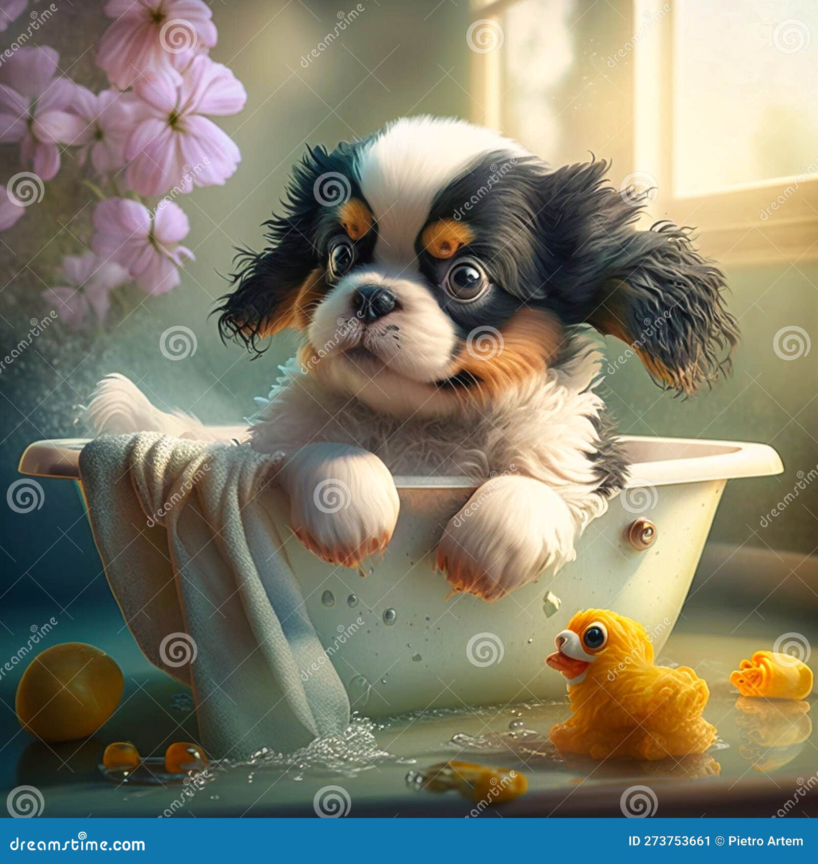 Cute Puppy in the Bath Cleaning Pets, Generative AI Stock Illustration ...
