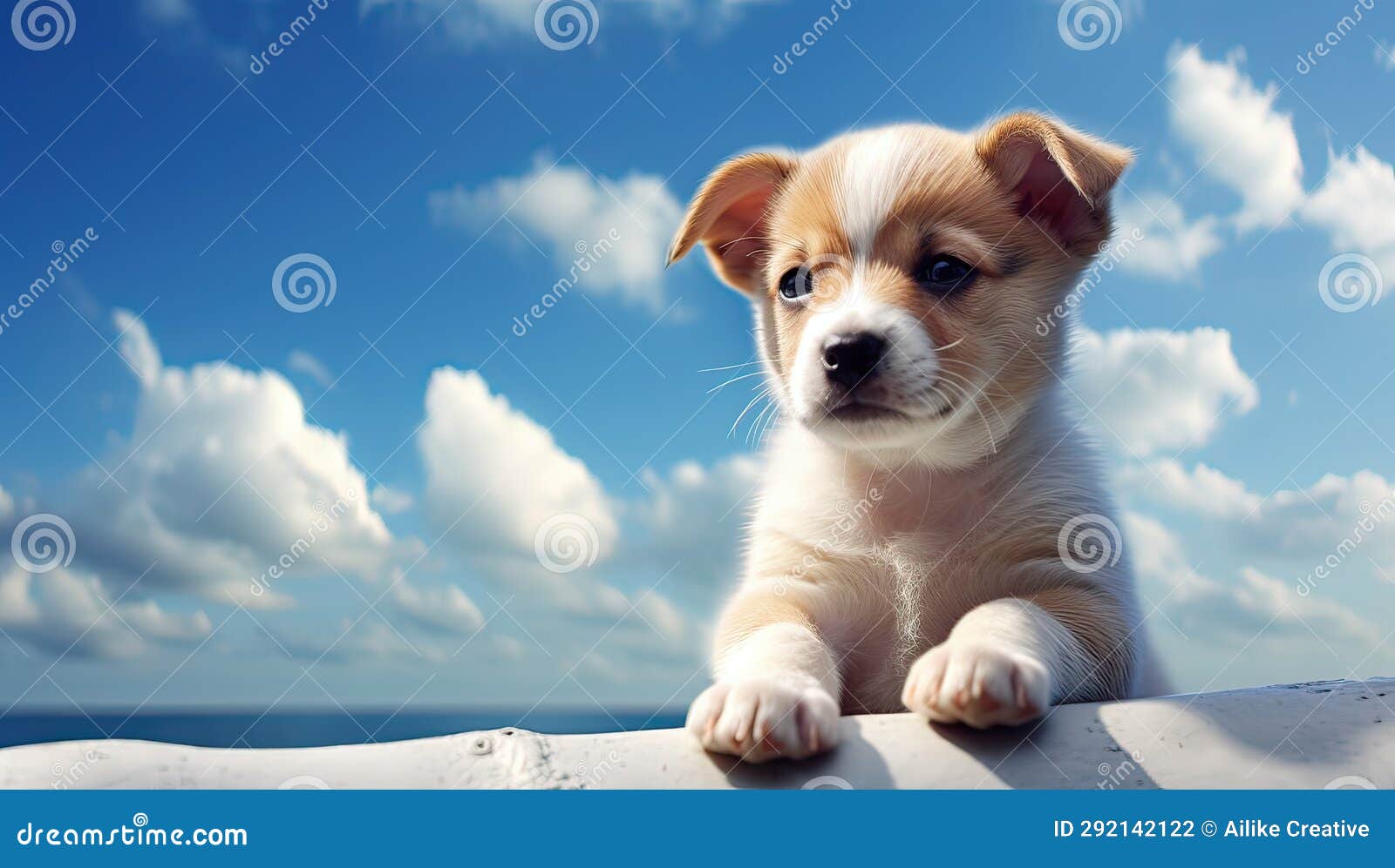 Cute Puppy with Blue Sky and Clouds on the Background Stock Photo ...