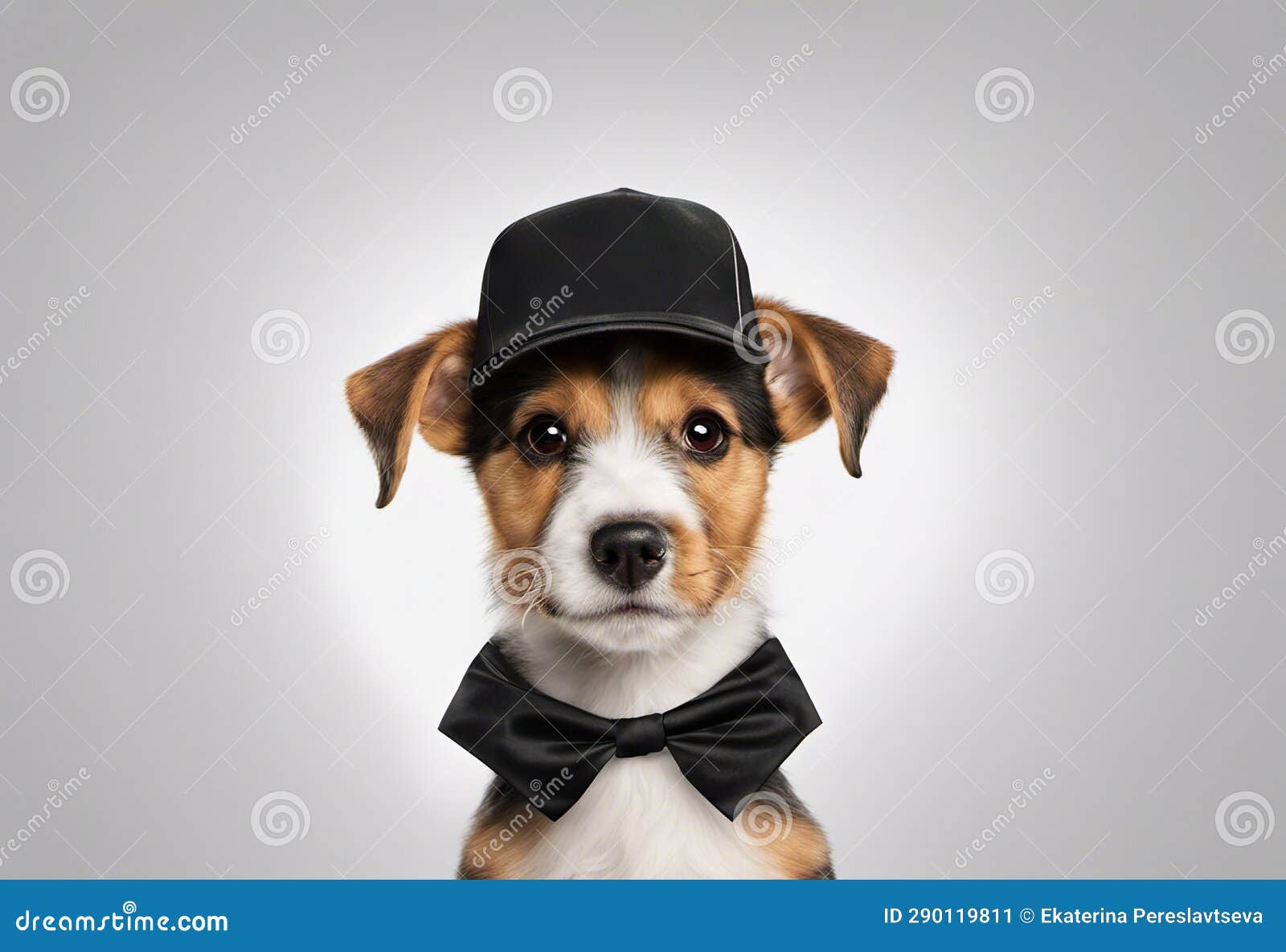A Cute Puppy in a Cap Looks into the Frame for Your Advertising. on a ...