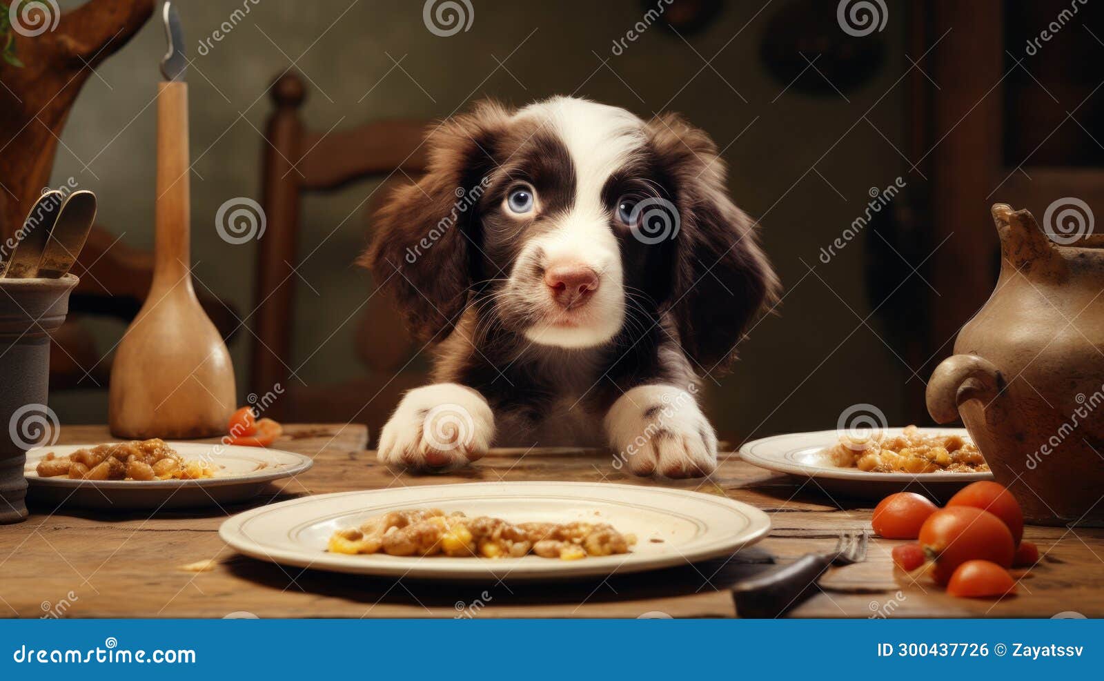 Cute Puppy Dog Sitting at the Dinner Table with Lots of Dishes Stock ...