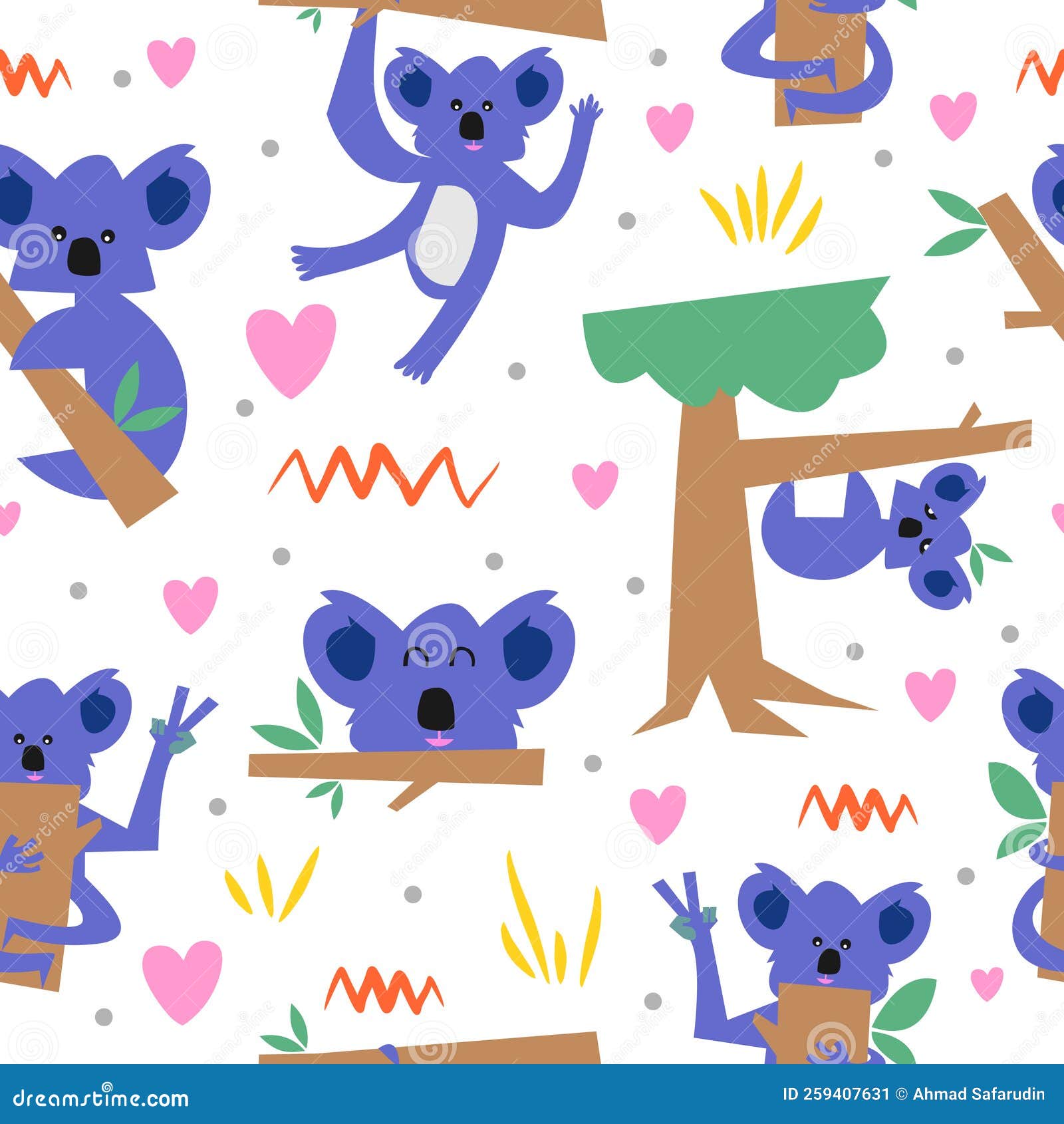 Koala Seamless Pattern. Cartoon Cute Australian Bear Texture. Forest ...