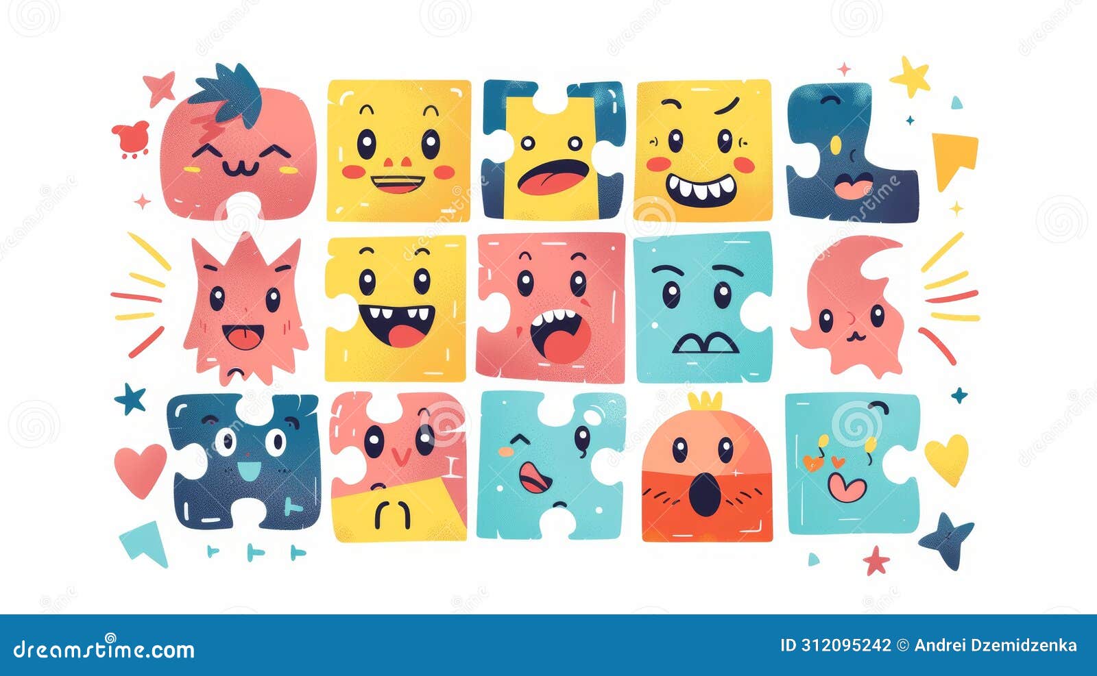 Cute Puzzle Design with Different Cute Faces and Funny Characters ...