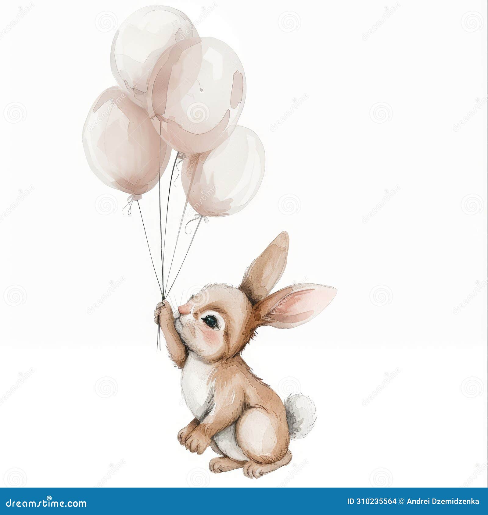 Cute Rabbit and Balloon Illustration Set in Watercolor Stock ...