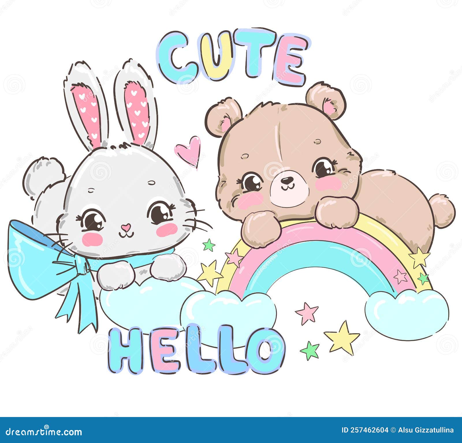 Cute Rabbit and Bear Baby Sits on the Rainbow Vector Illustration Print ...