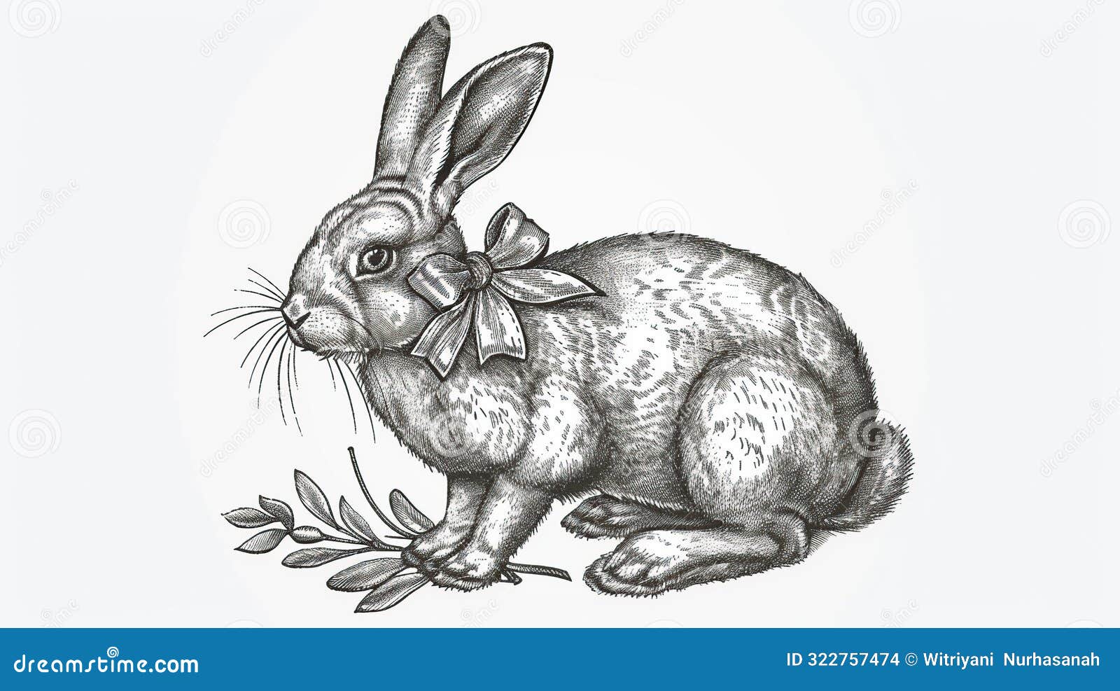 Cute Rabbit with a Bow in Engraving Style. Bunny Isolated on a White ...