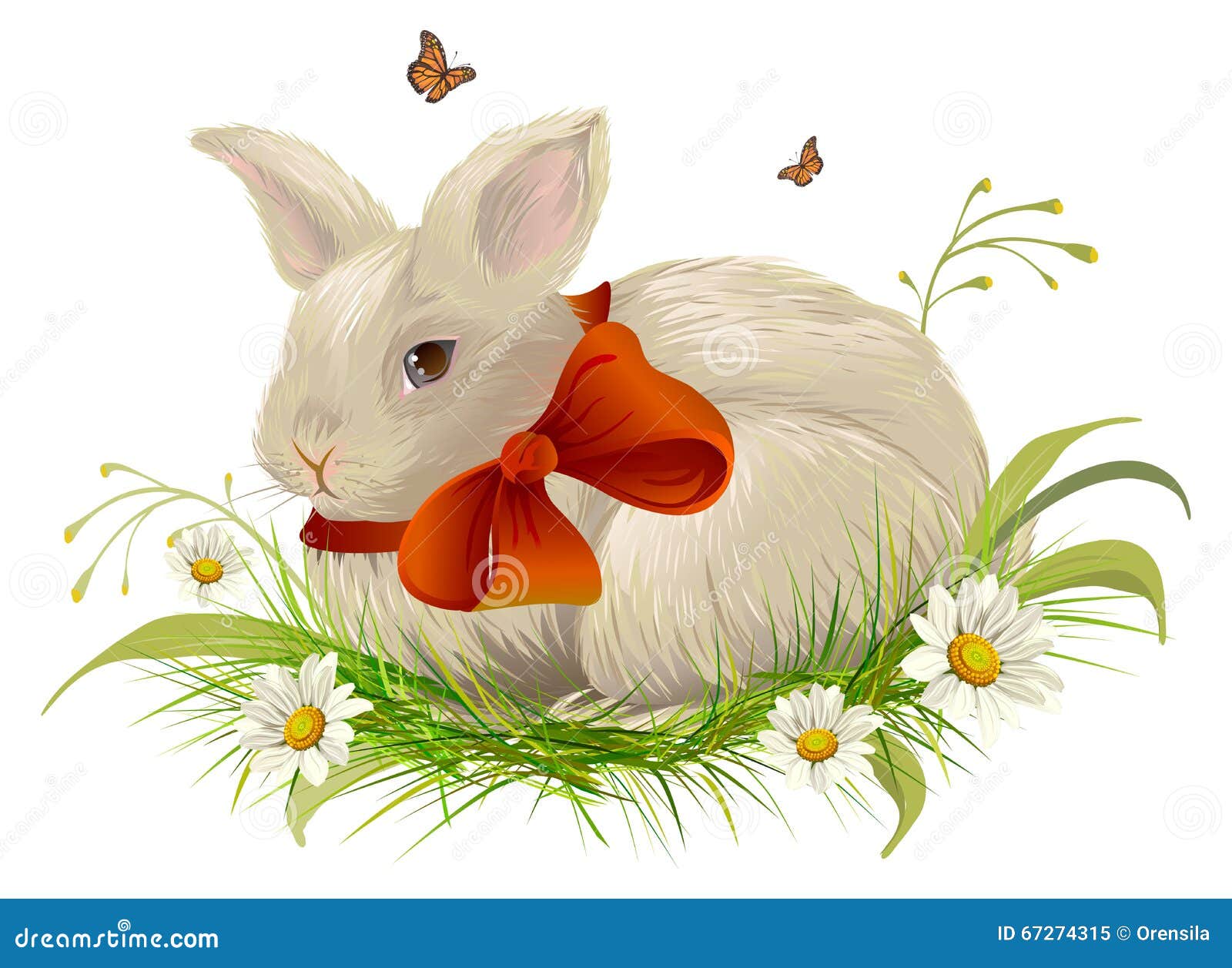 Cute Rabbit with Bow Sitting on Grass. Easter Rabbit with Red Ribbon ...