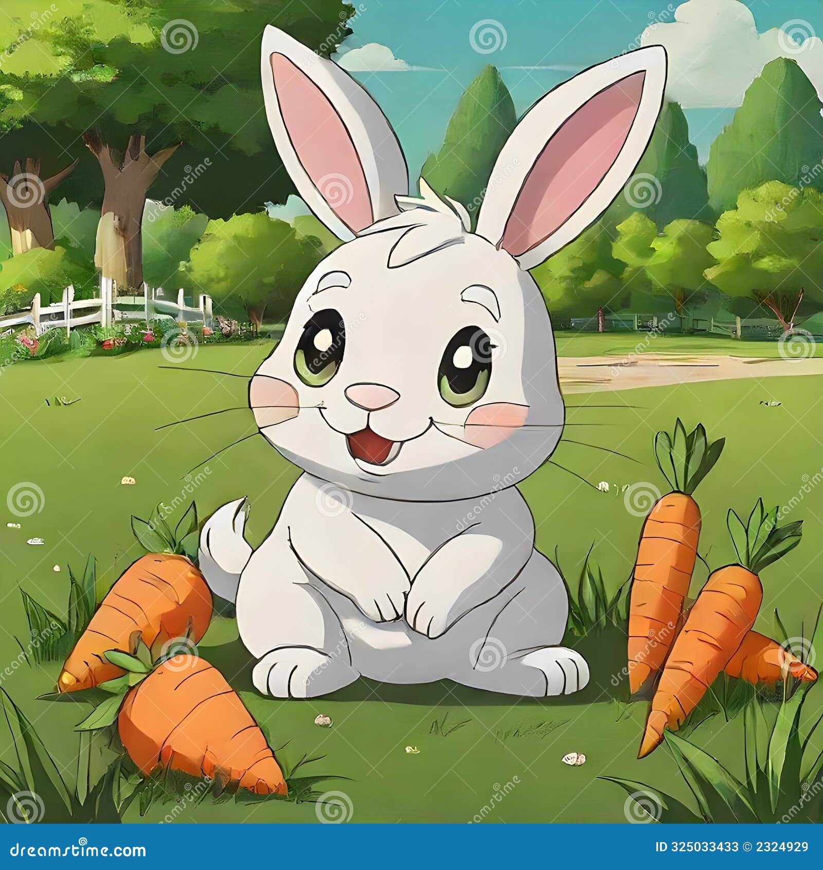 Cute Rabbit with Carrots on the Lawn Stock Illustration - Illustration ...