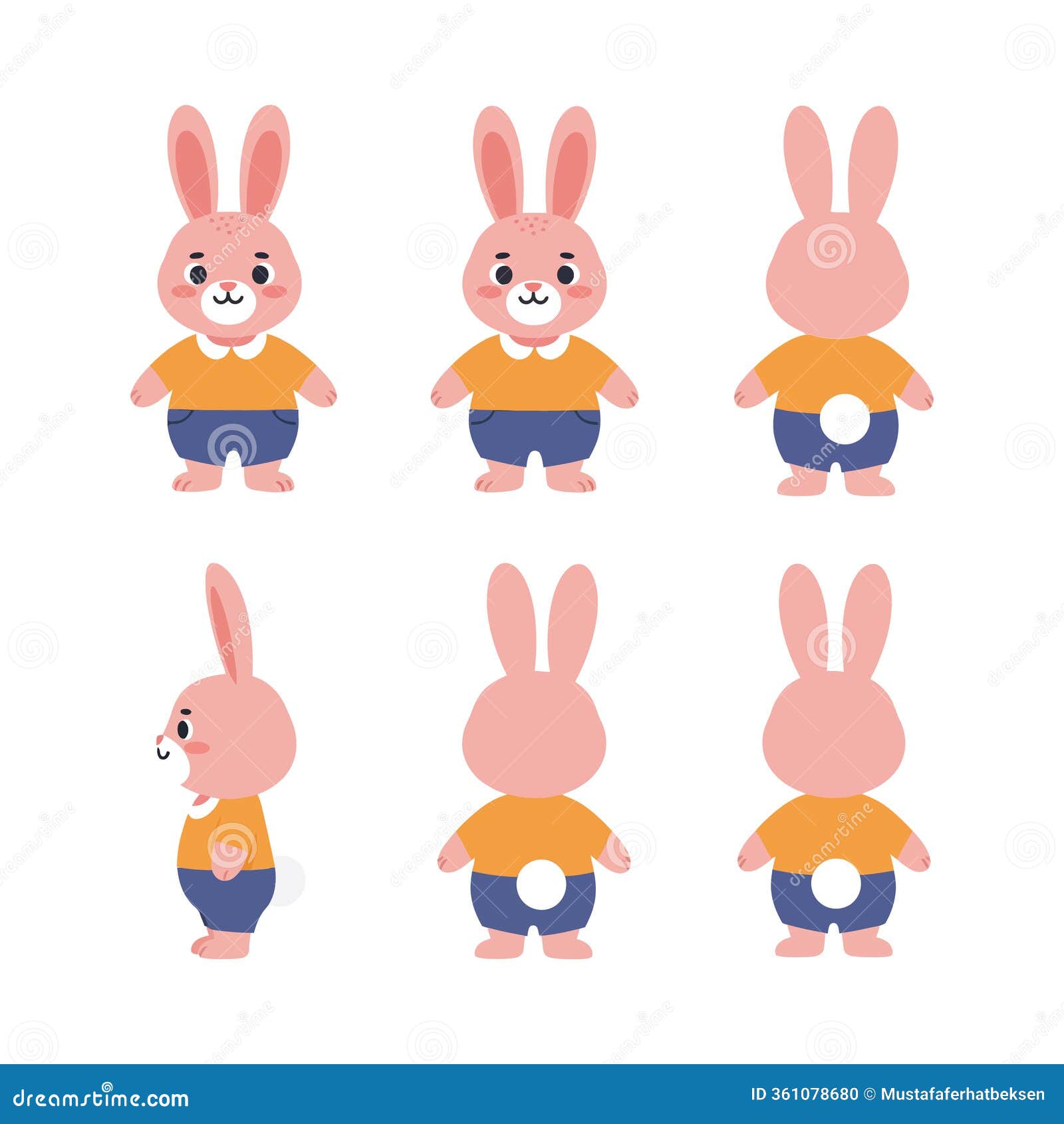 Cute Rabbit Character Design in Flat Style Showcasing Various Angles ...