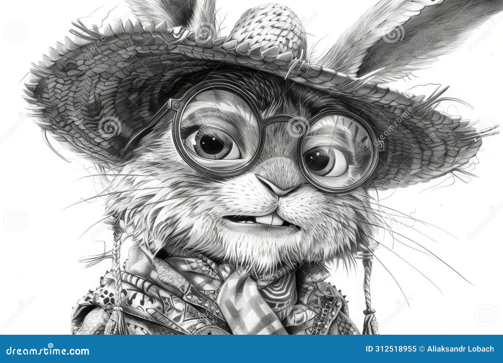 Cute Rabbit Character in a Hat on a White Background. Pencil Drawing ...