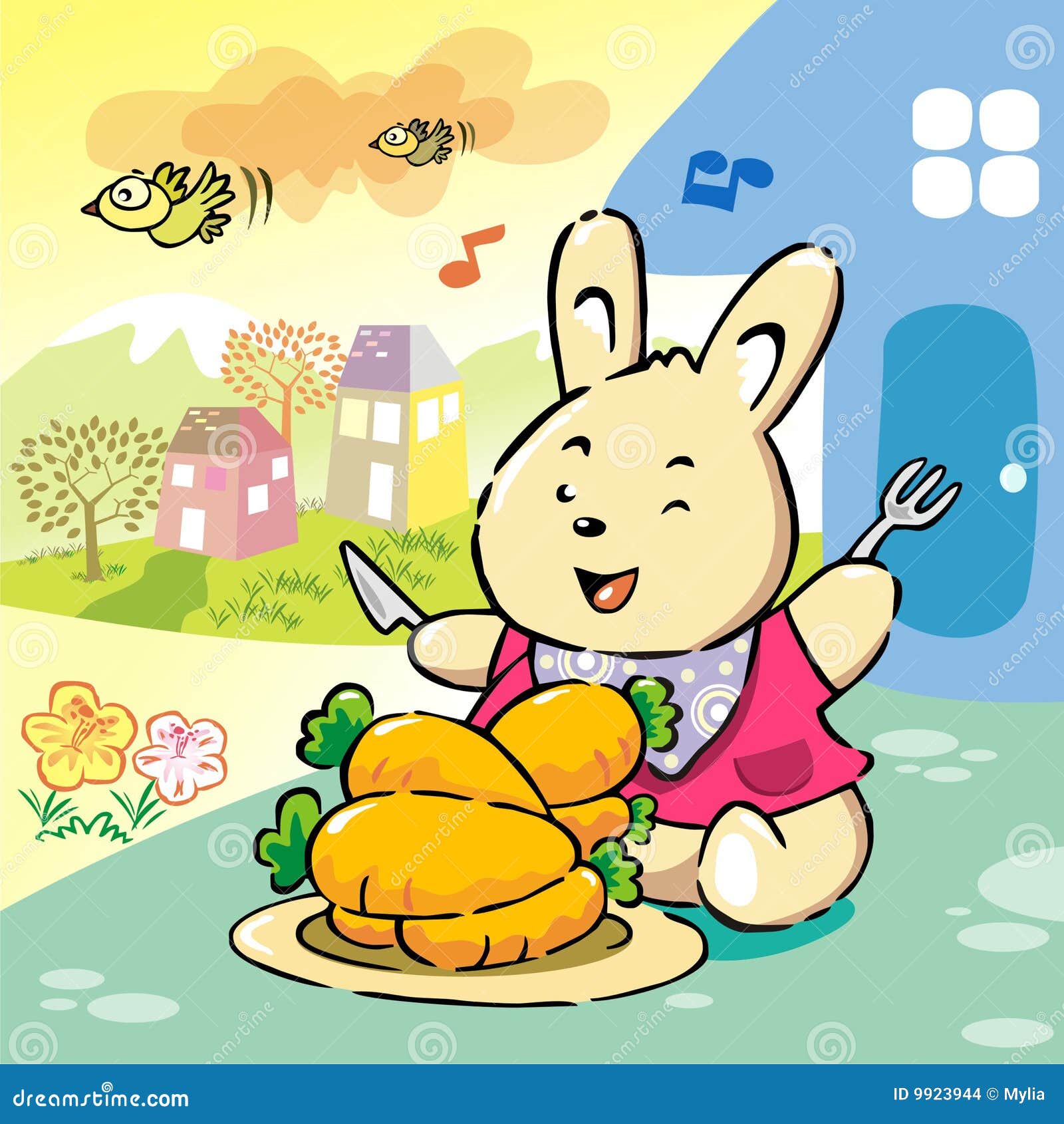 Cute Rabbit on Cheerful Breakfast Stock Vector - Illustration of fork ...